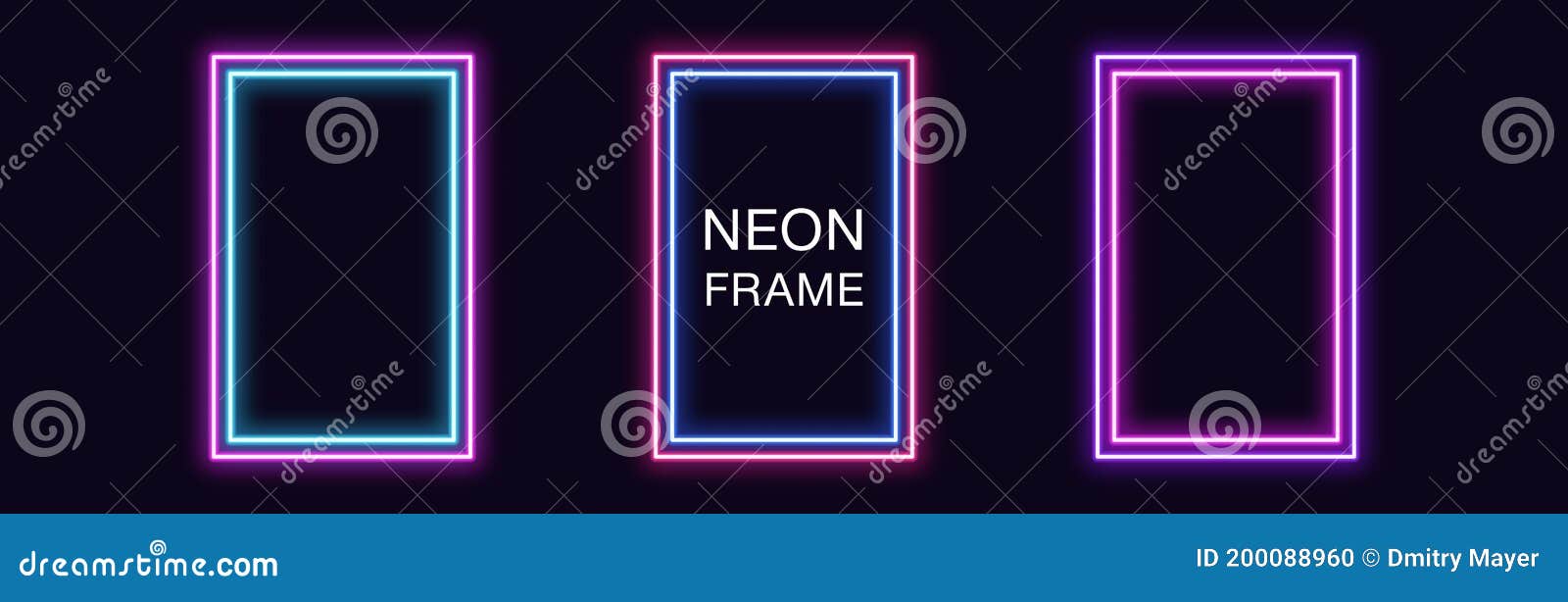 Neon Rectangle Frame. Set of Rectangular Neon Border with Double ...