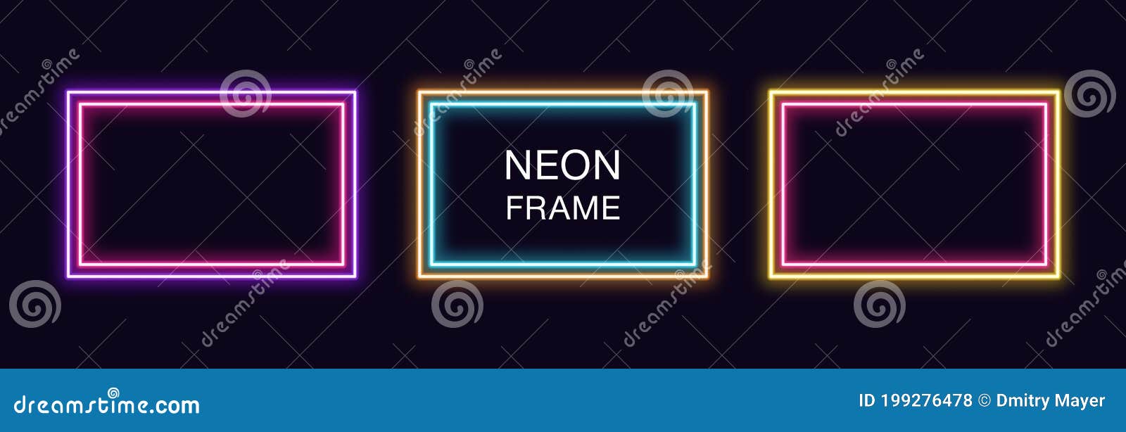 Neon Rectangle Frame. Set of Rectangular Neon Border with Double ...