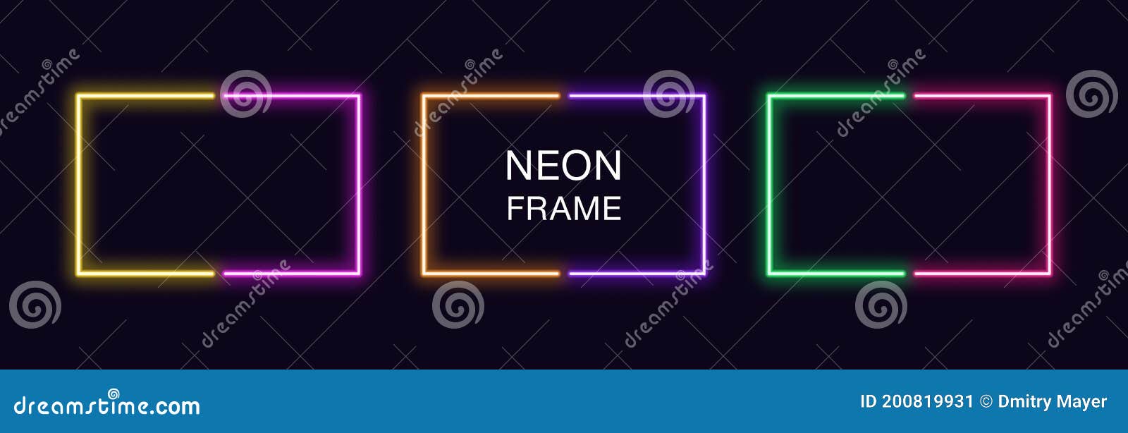 Neon Rectangle Frame. Set of Rectangular Neon Border in 2 Outline Parts ...