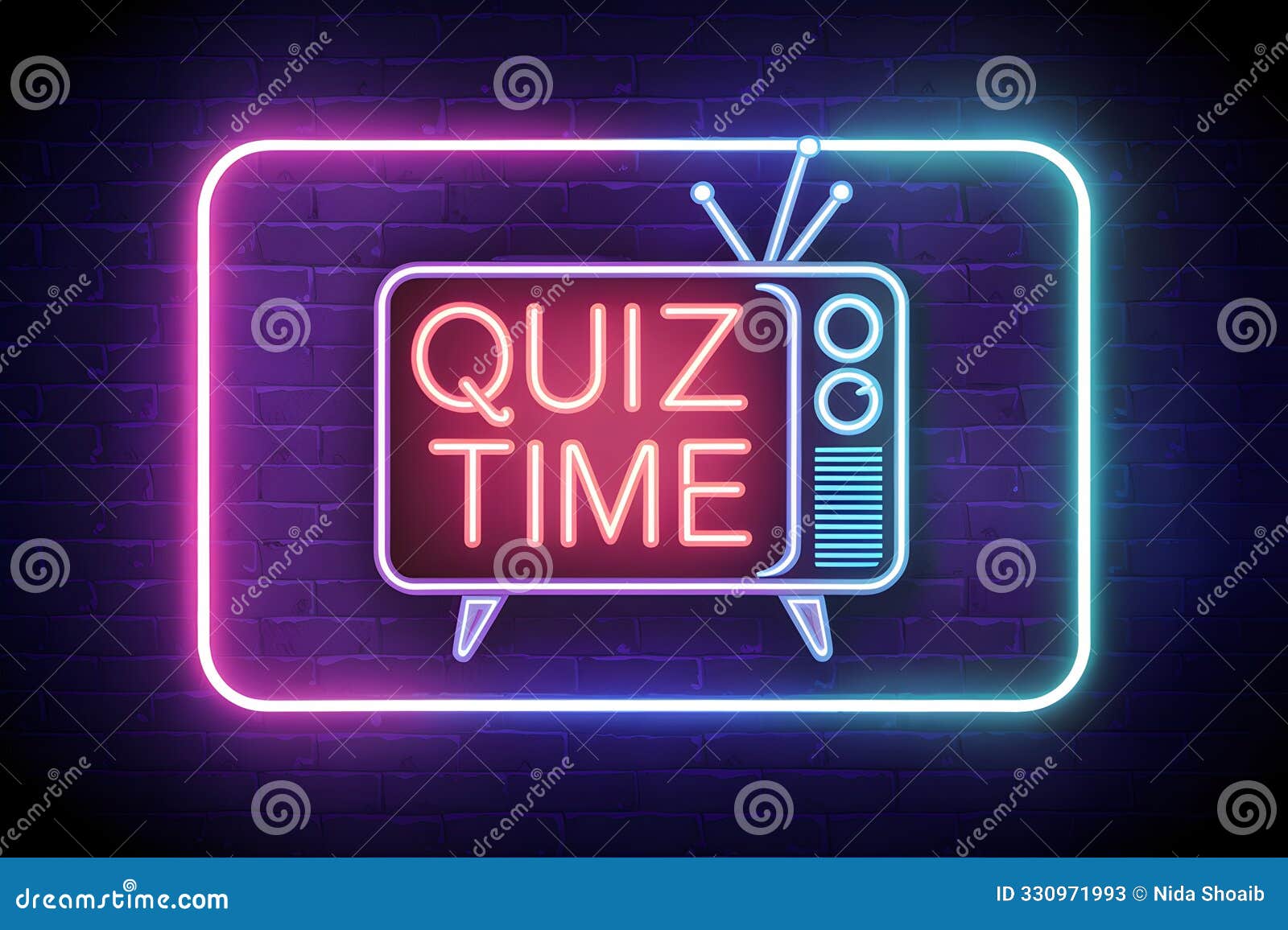Neon Rectangular Frame with QUIZ TIME in Red and Blue, Dark Brick Wall ...