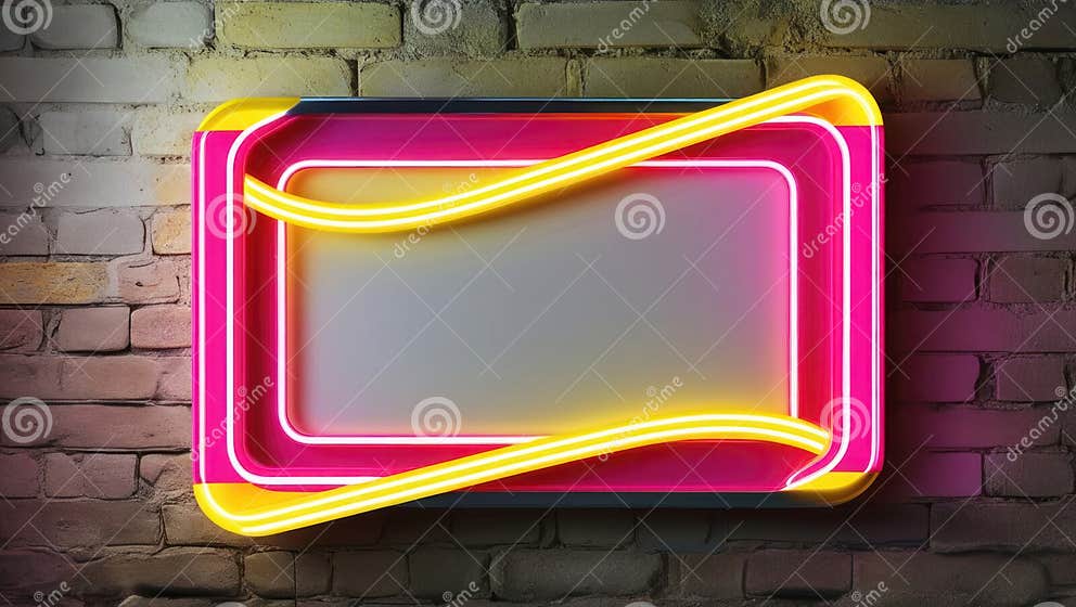 Neon Rectangular Sign with Frame on Brick Wall. Stock Photo - Image of ...