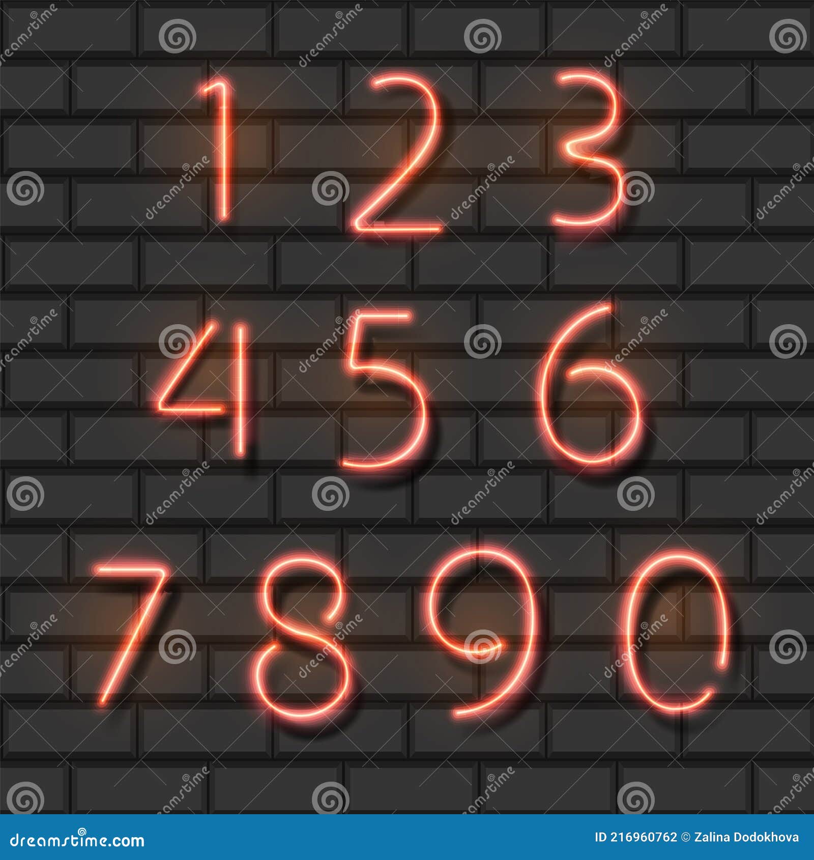 Neon Red City Font Numbers Set on a Brick Background. Vector ...
