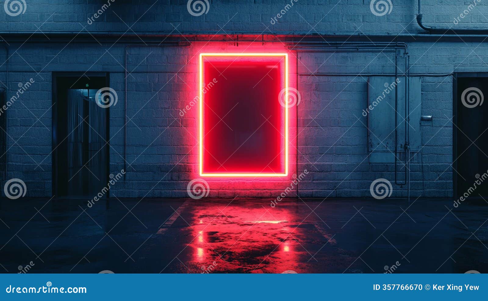 Neon Red Rectangular Light on Industrial Wall in Dark Urban Setting ...