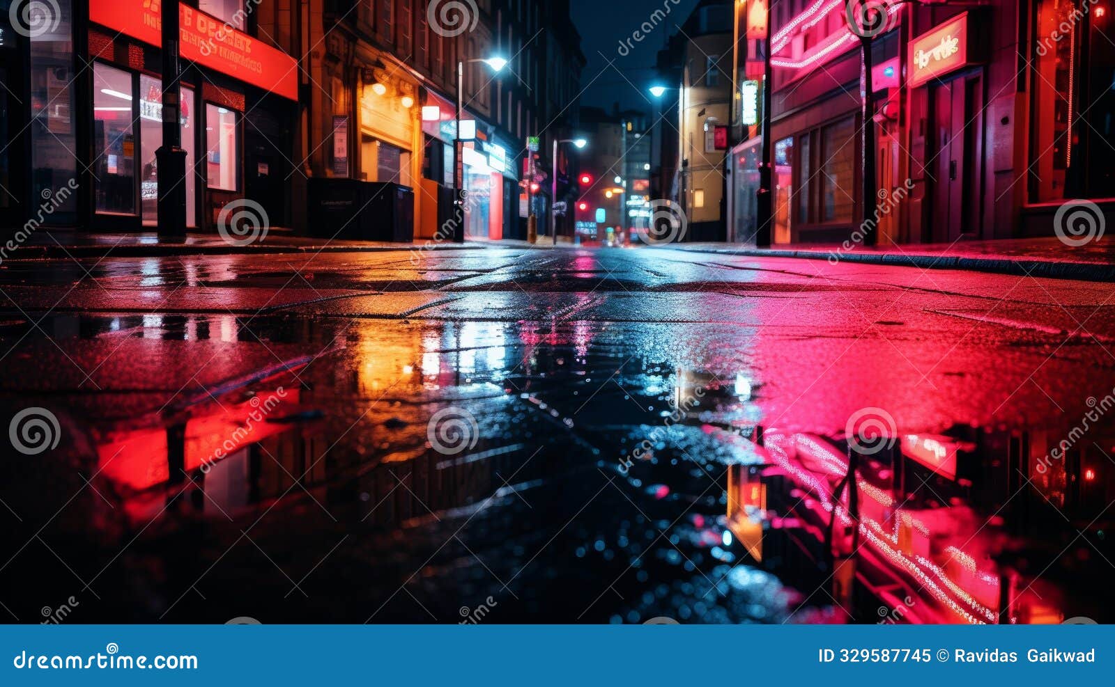 Neon Reflection Puddle Rainy Street Stock Illustration - Illustration ...
