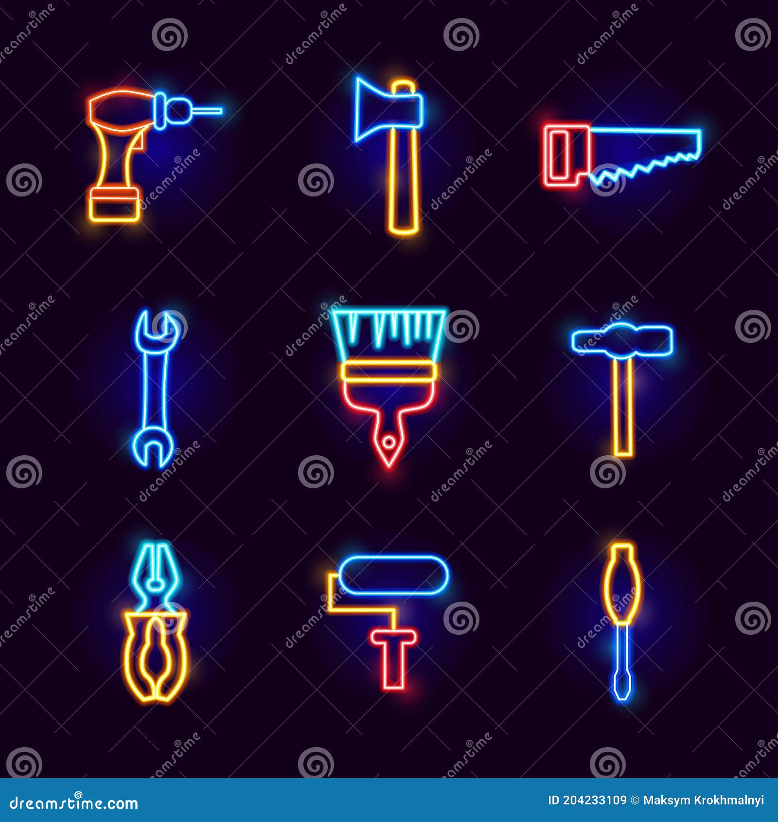 Neon Repair Tools stock vector. Illustration of pliers - 204233109