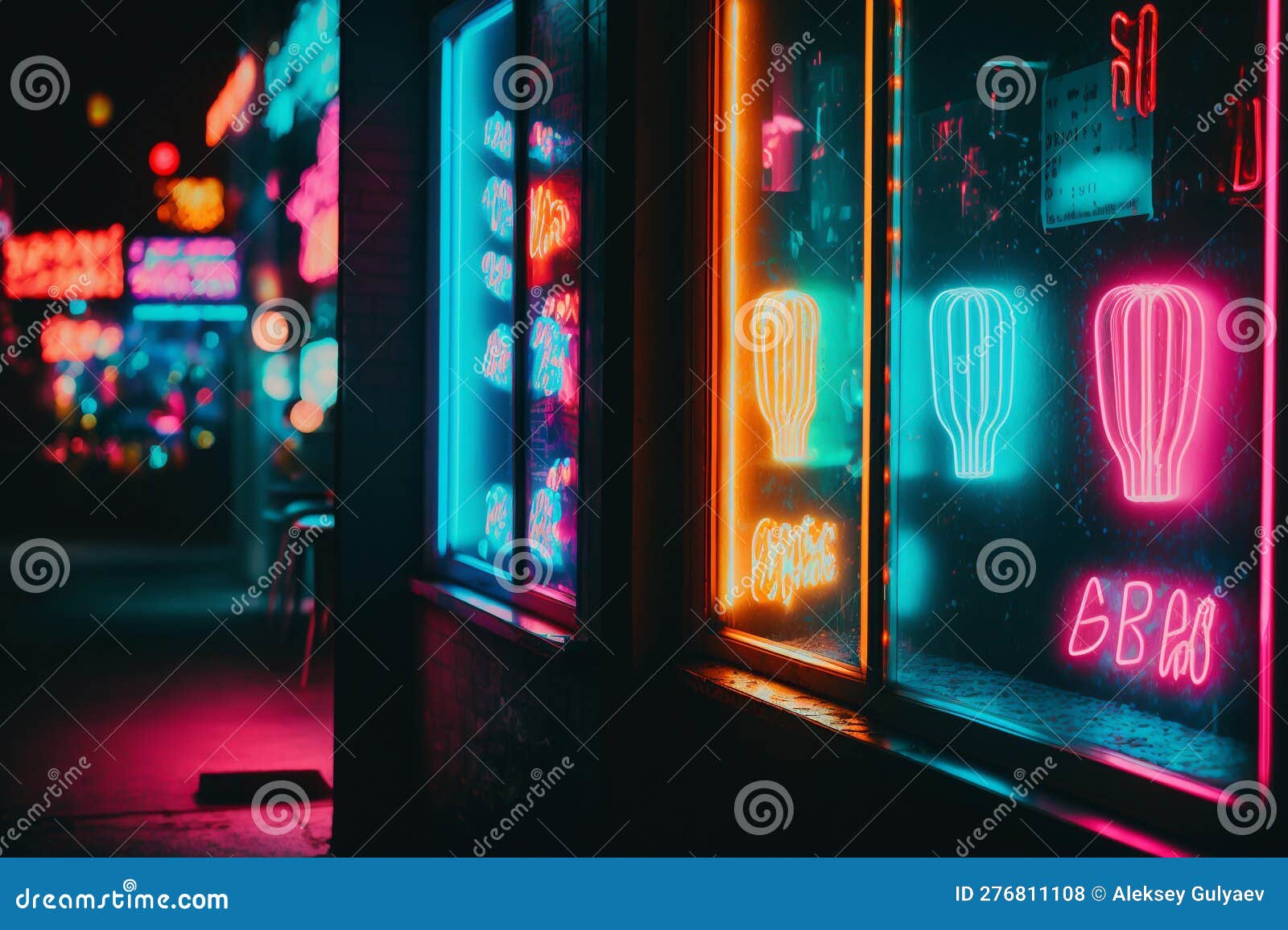 Neon Retro Bar at Night. AI Generation Stock Illustration ...