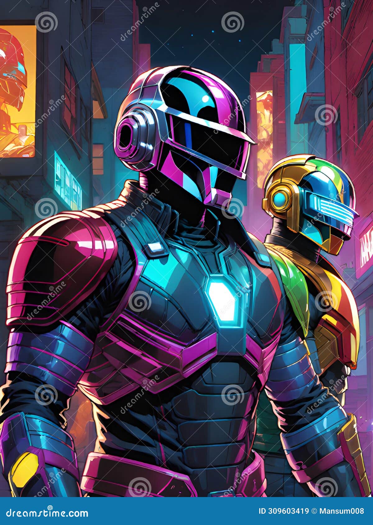 Neon Robot and Futuristic Space Theme Background Illustration Stock ...