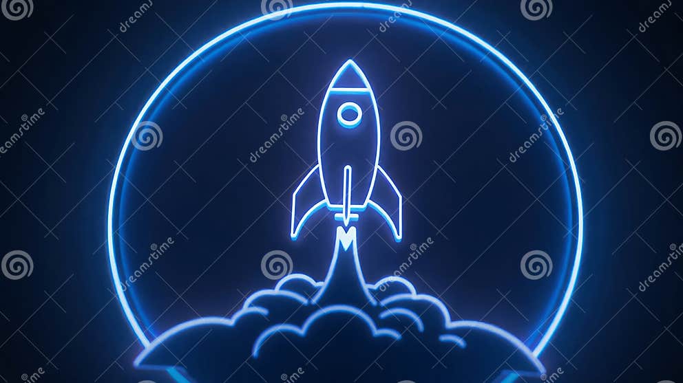 Neon Rocket Ship Taking Off Against a Dark Background Stock ...