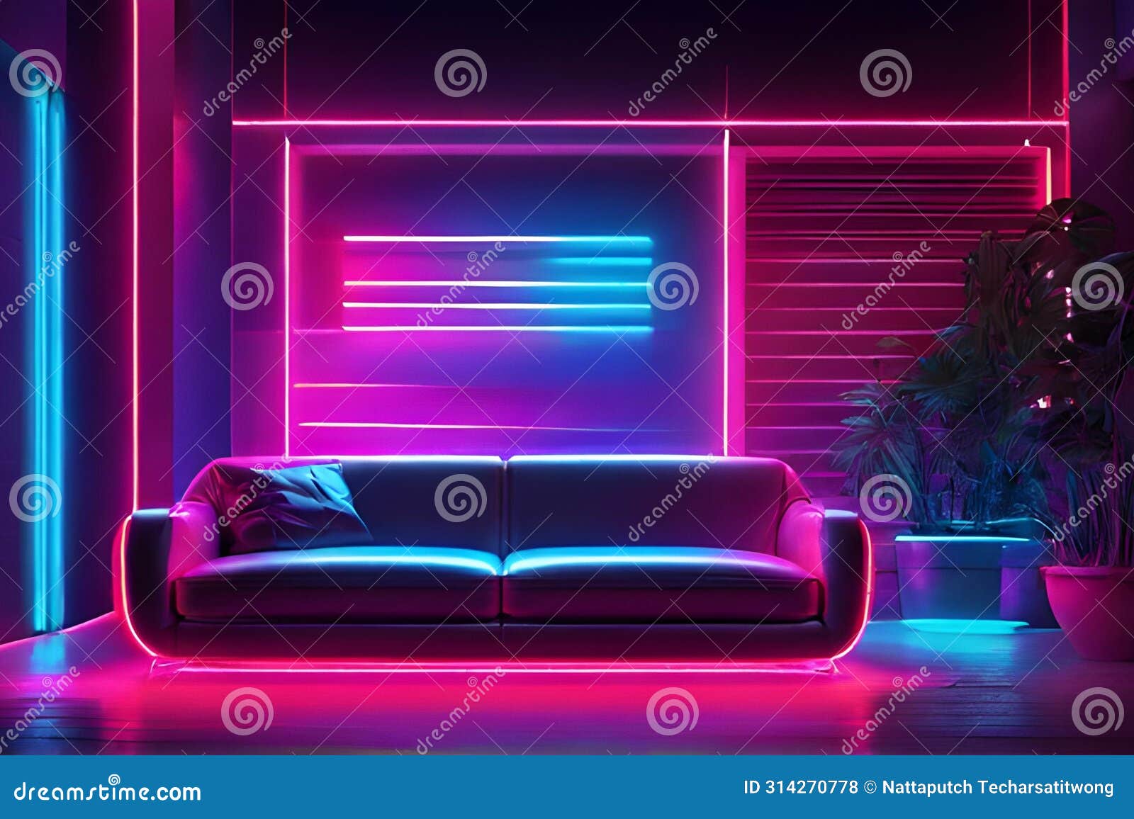 Interior of Stylish Living Room with Neon Lighting. Stock Illustration ...