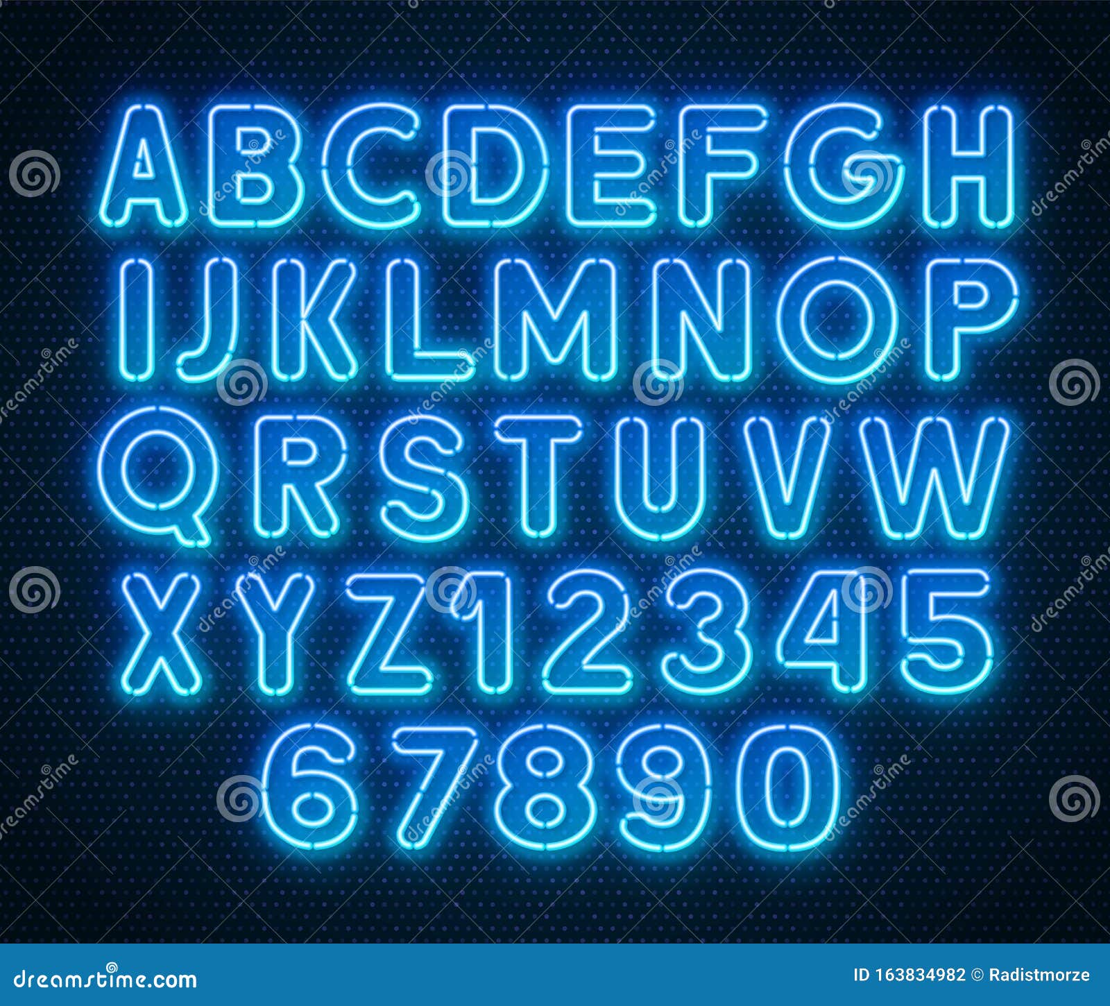 Neon Rounded Blue Font, Glowing Alphabet with Numbers. Stock Vector ...