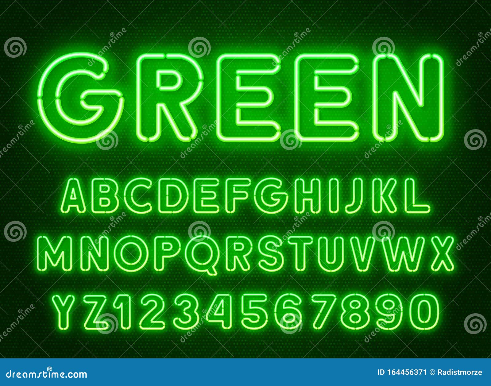 Neon Rounded Green Font, Glowing Alphabet with Numbers. Stock Vector ...