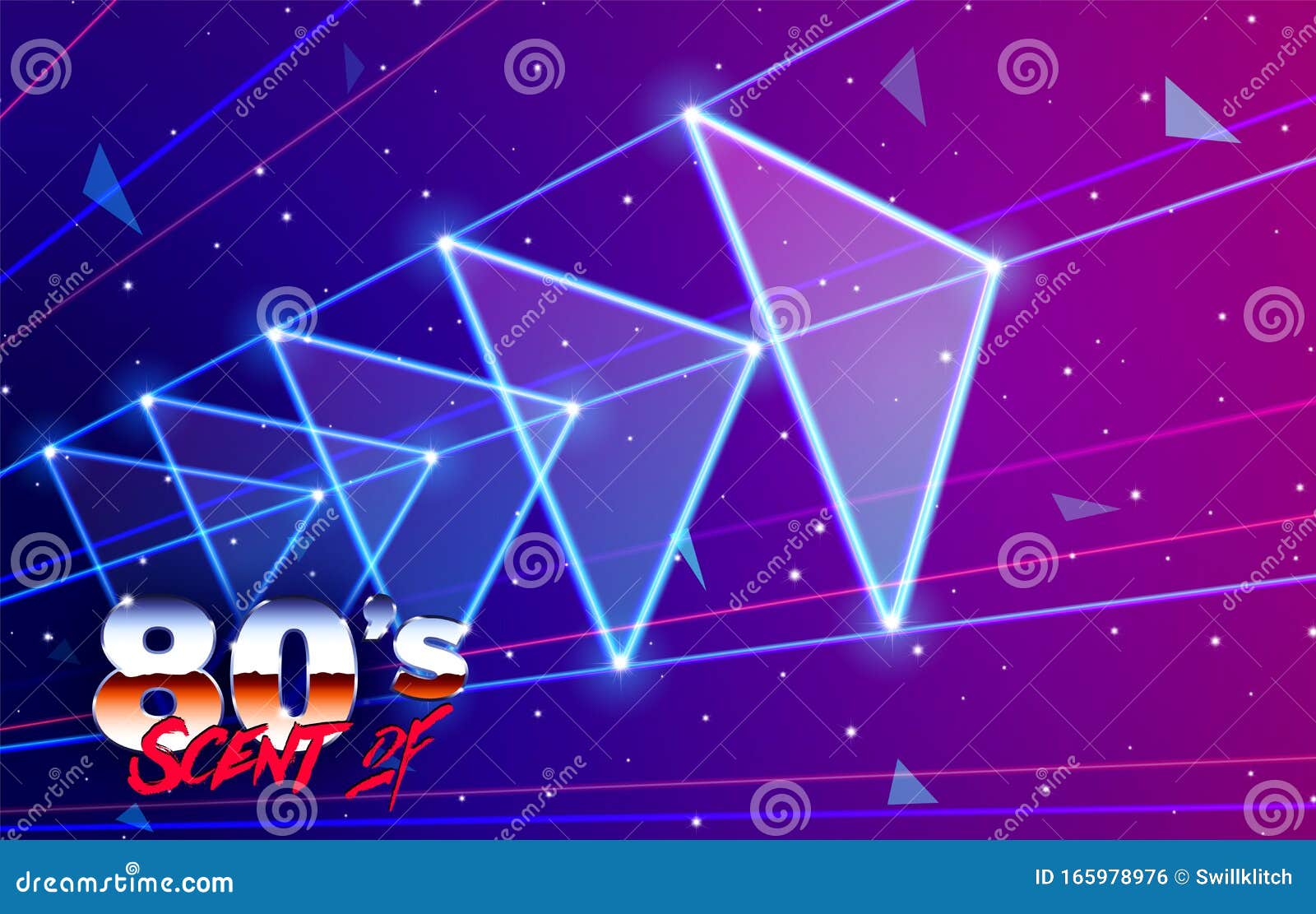 Neon 80s Styled Triangles Flying in Space with Laser Rays Stock Vector ...