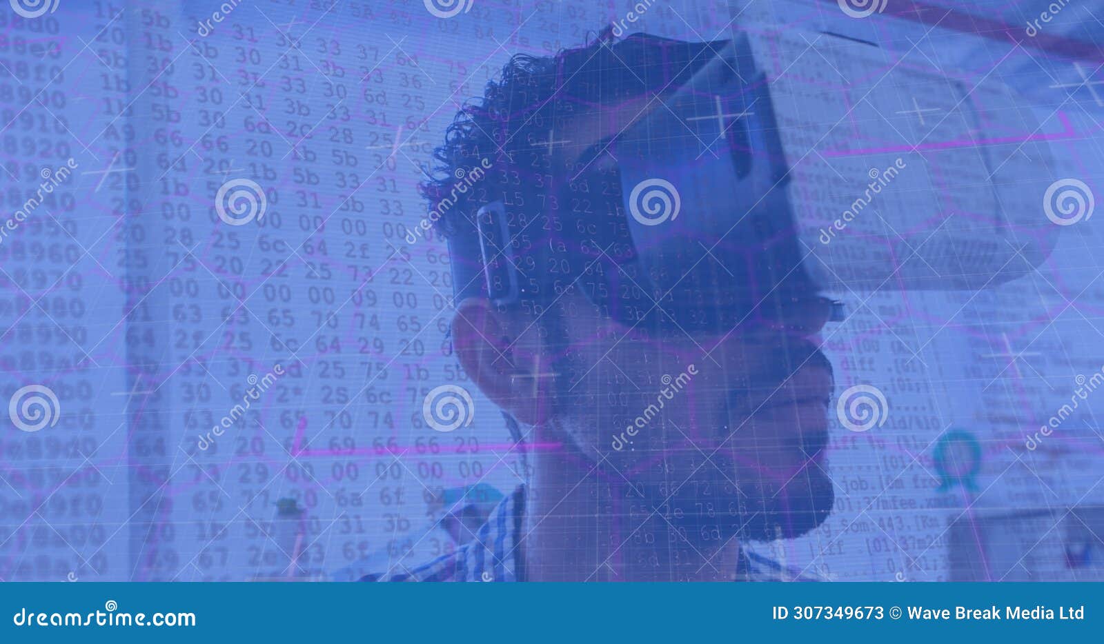 Neon Scope Scanner and Binary Coding Data Processing Against Man Wearing Vr Headset Stock Image ...
