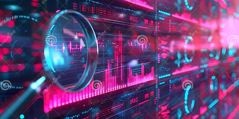 Neon Screen Filled with Charts and Graphs Enhanced by Magnifying Glass ...