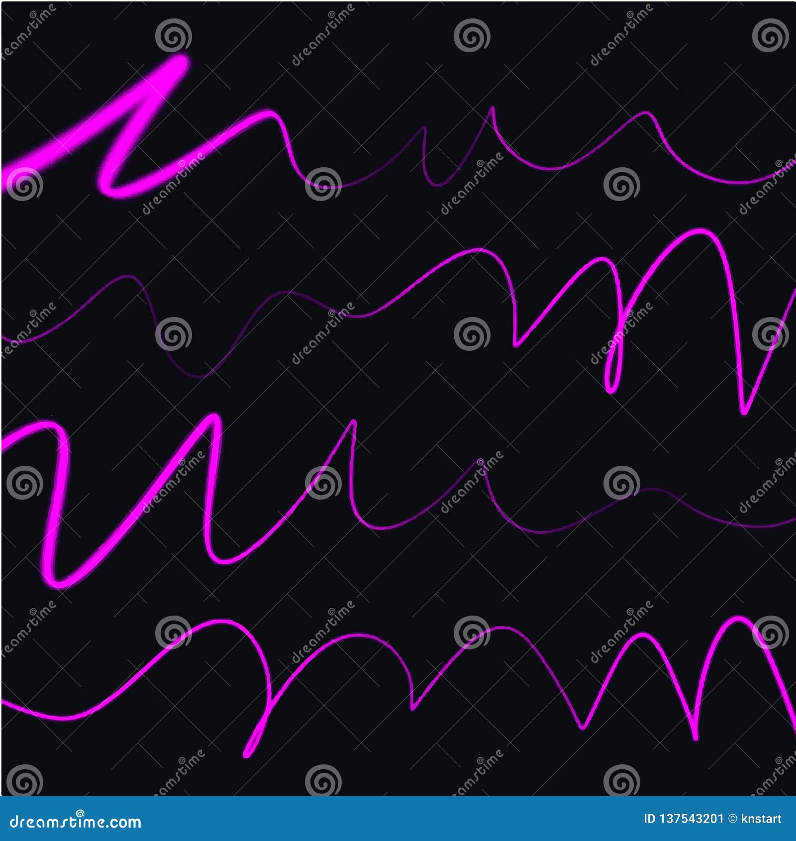 Neon Scribble Sketch Objects. Waves Vibration Lines, Isolated on Dark ...