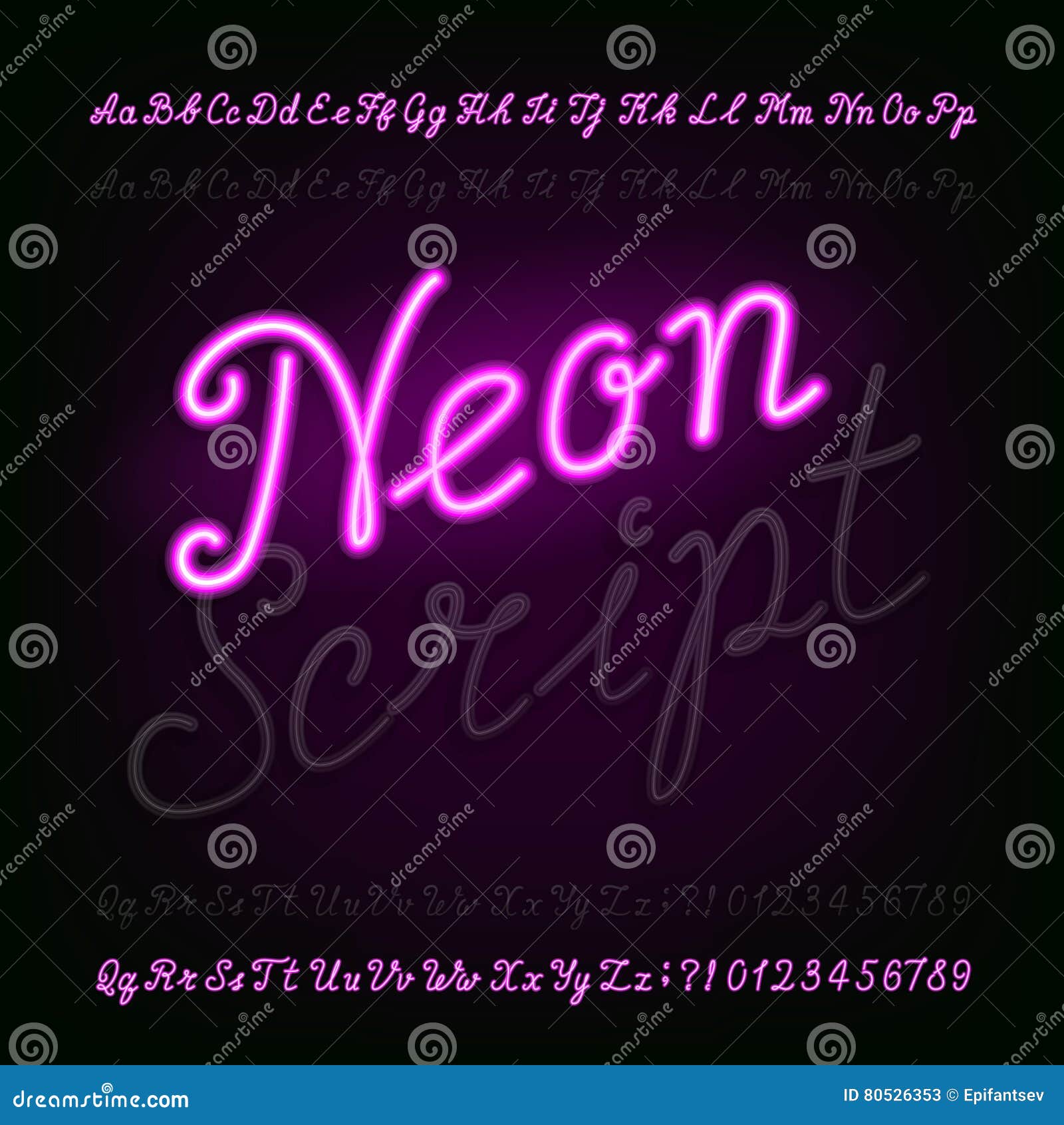 Neon Script Hand Drawn Alphabet Font. Light Turn on and Off Stock ...