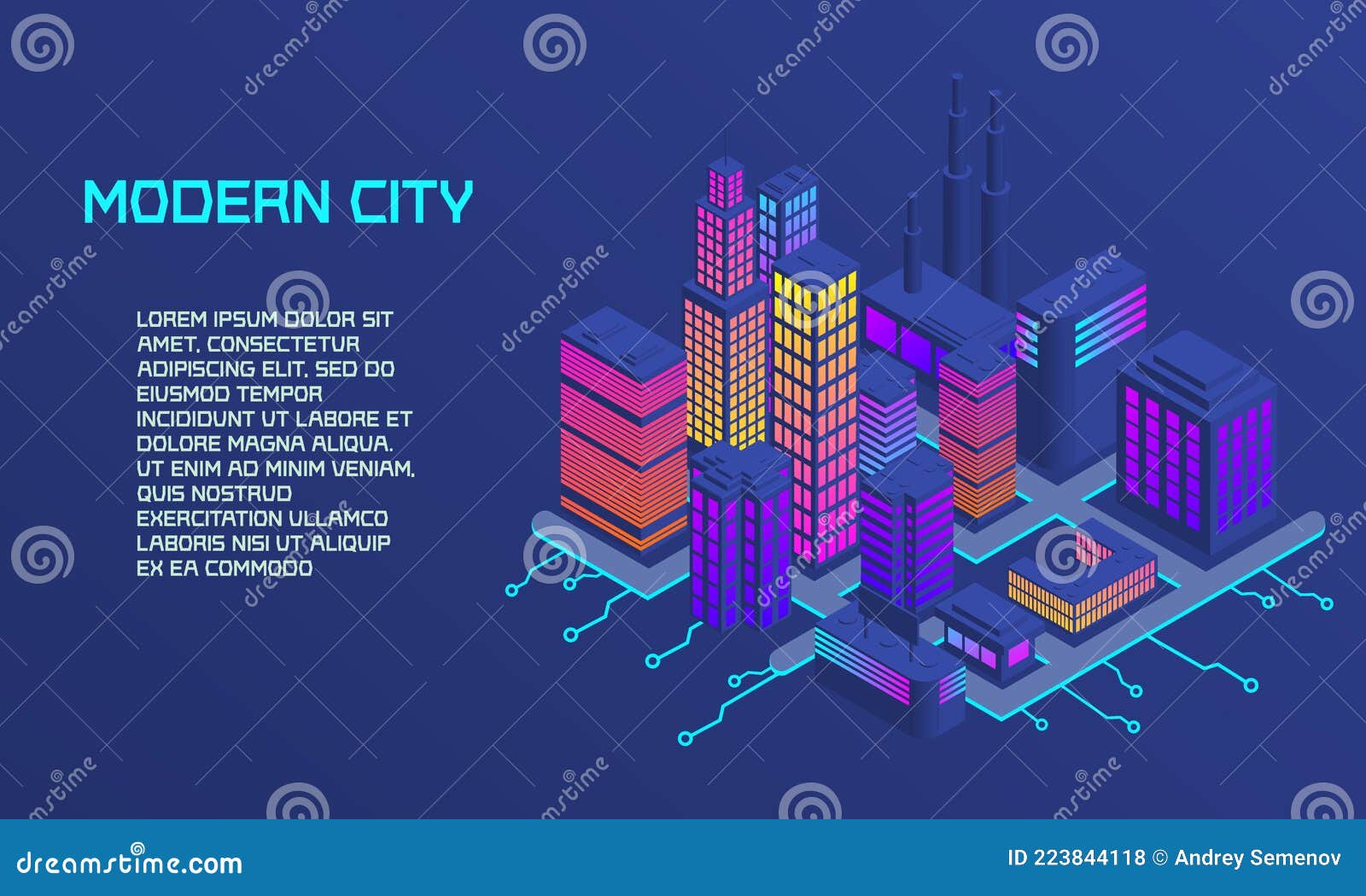 Modern Neon Isometric City Banner. Stock Vector - Illustration of ...