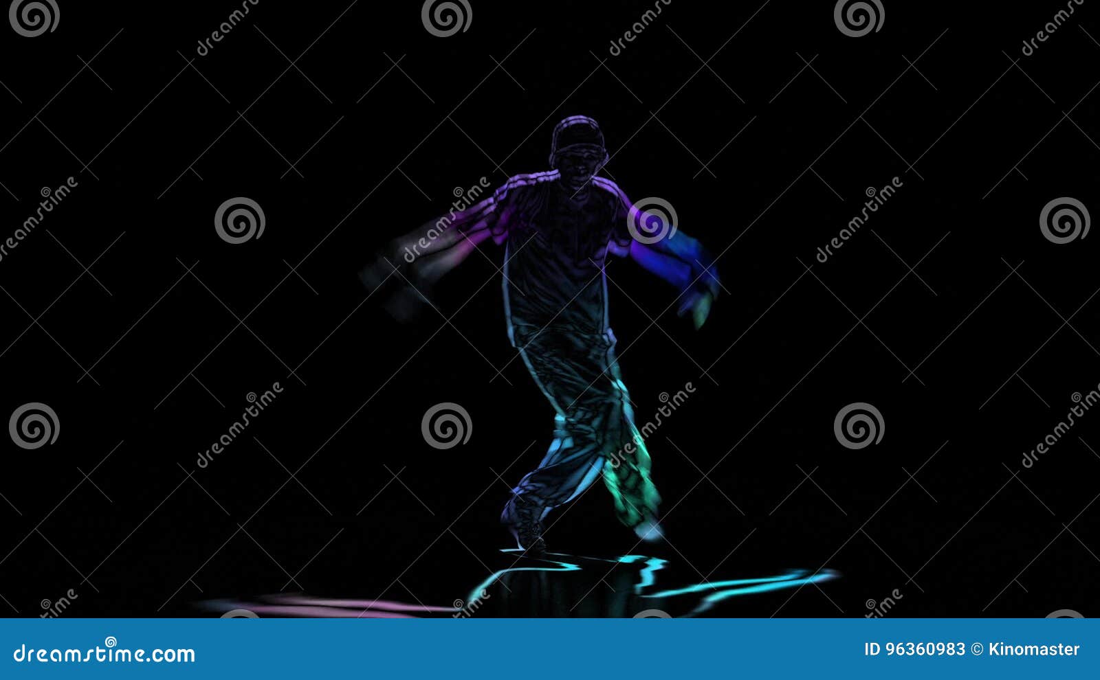 Neon Shadow Breakdancer Man Performs on Black Background. Computer ...
