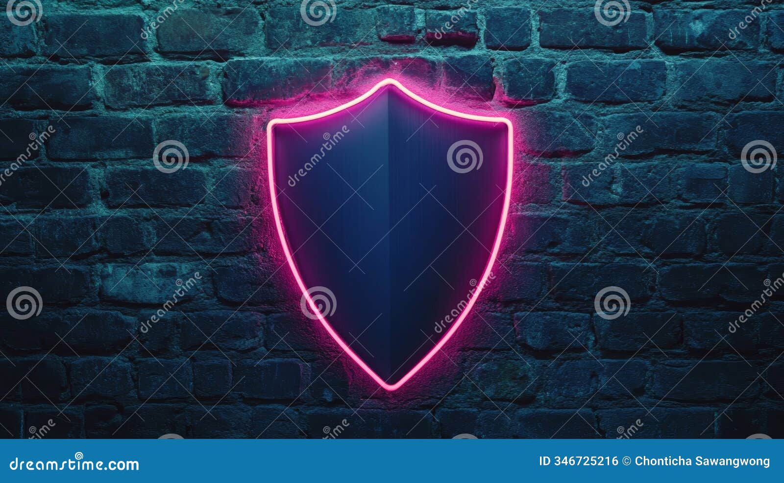 Neon Shield Icon on Brick Wall, Retro Symbol of Protection and Security ...