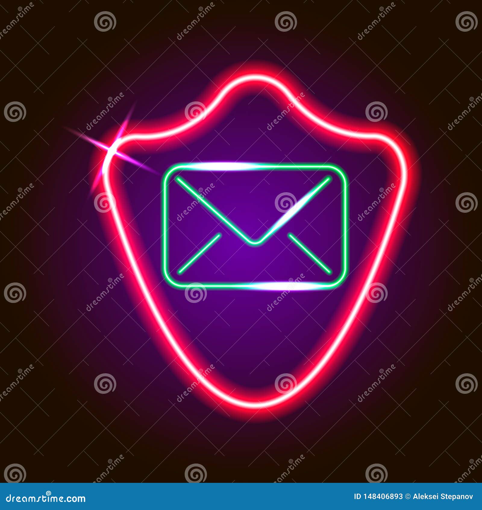 Neon Shield with Mail Emblem Icon, Guard Stock Illustration ...