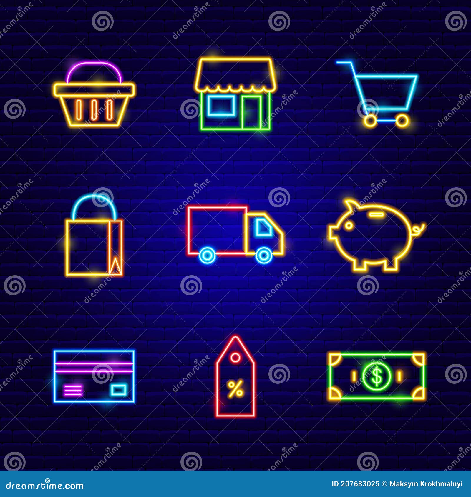 Neon Shop Icon Set Vector Illustration of Shopping Objects Collection ...
