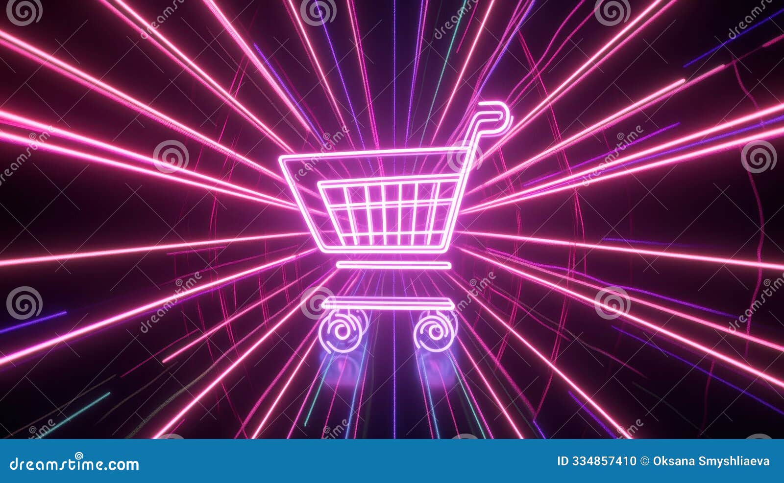 Neon Shopping Cart on Dynamic Light Rays Background Stock Photo - Image ...