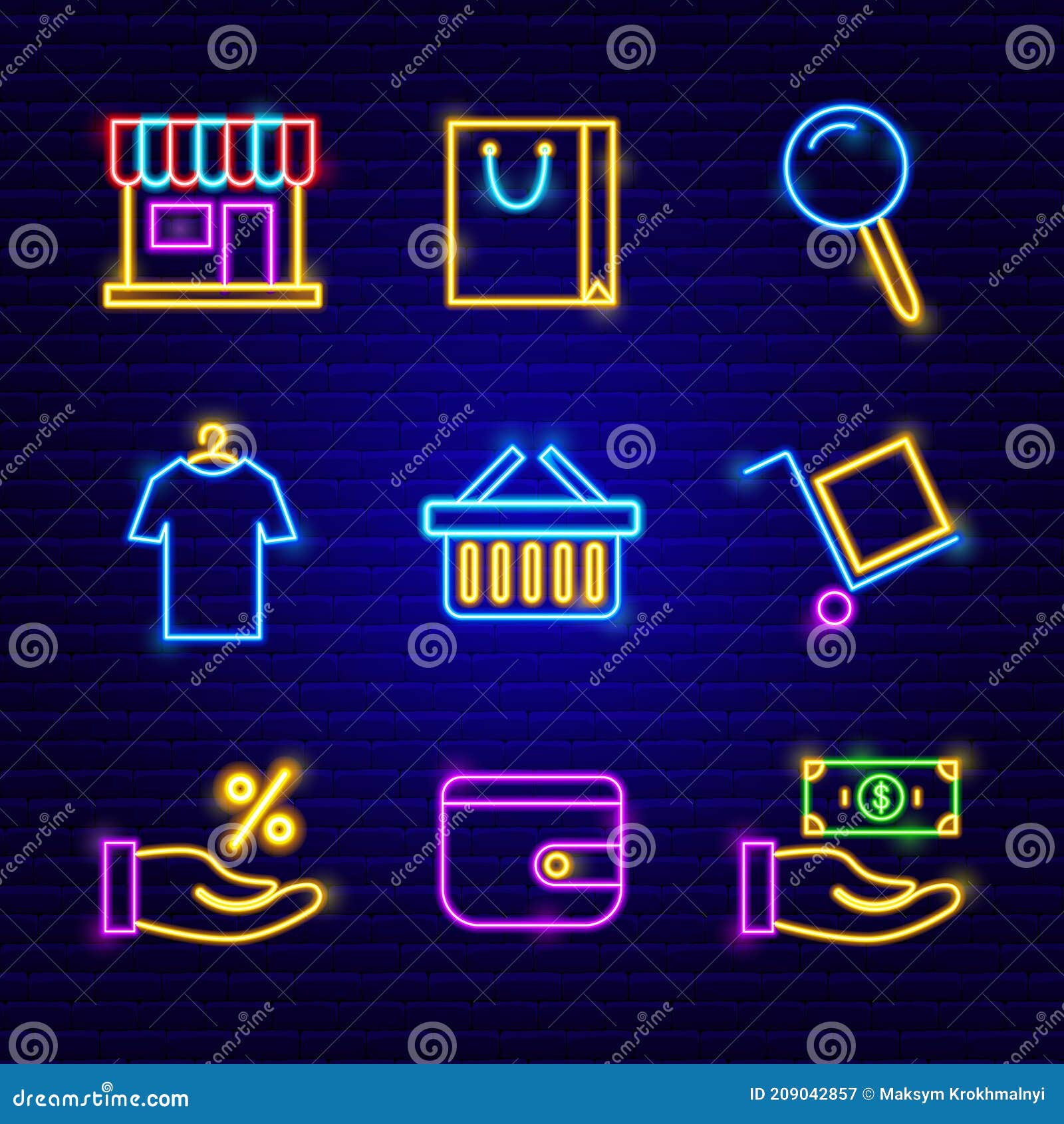 Neon Shopping Sale Icon Set. Vector Illustration of Shop Objects ...