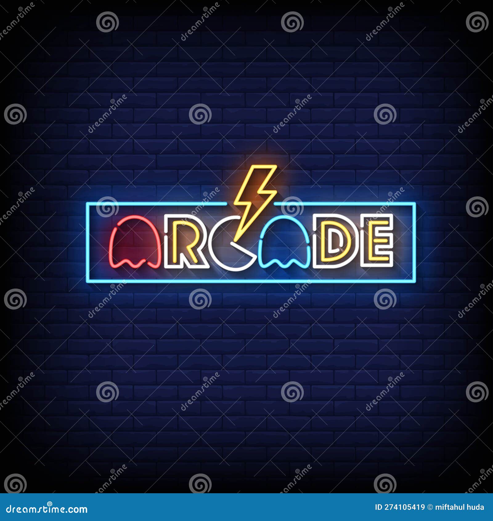 Neon Sign Arcade with Brick Wall Background Vector Stock Vector ...