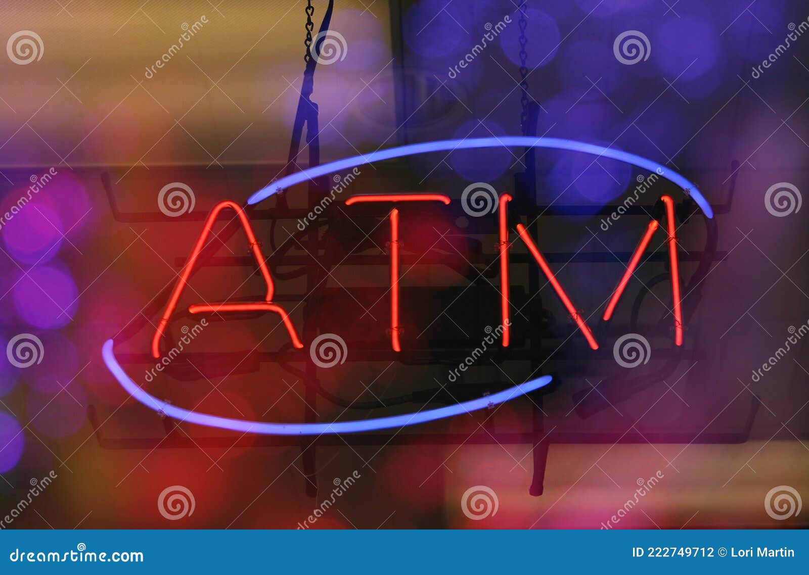 Neon Sign ATM in Bank Window with Bokeh Stock Photo - Image of lights ...
