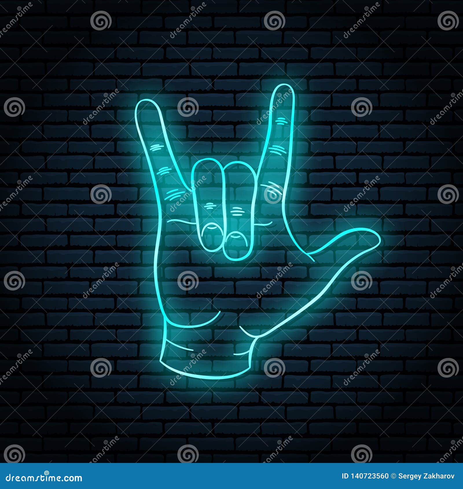 Neon Sign With Blue Glow Hand Gesture Rock N Roll Stock Vector