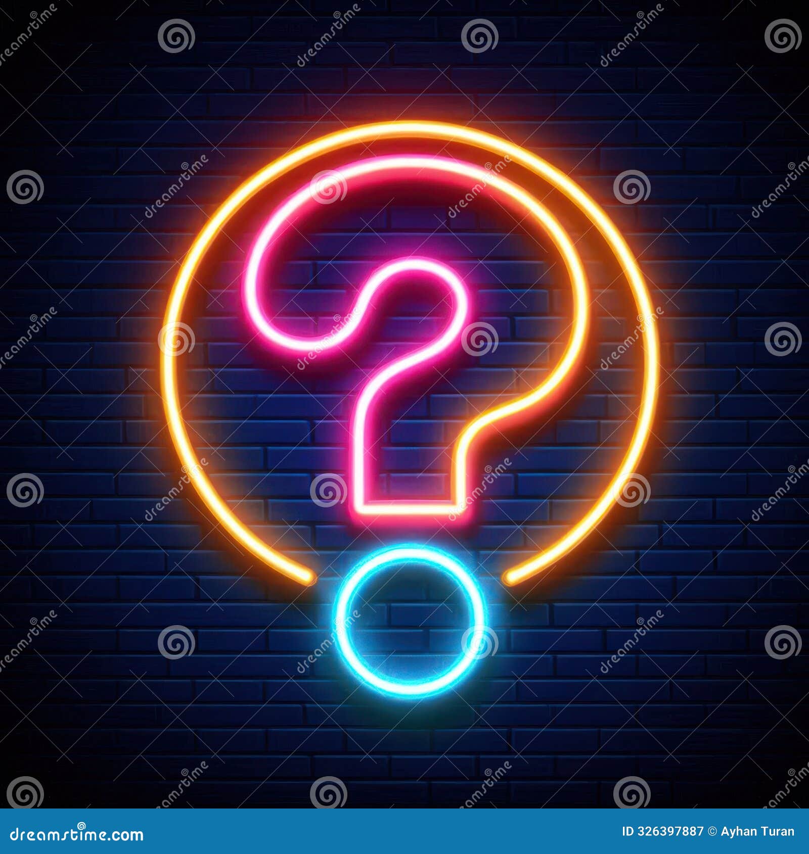 Neon Sign Board , Birck Wall and Question Mark Abstract Background ...