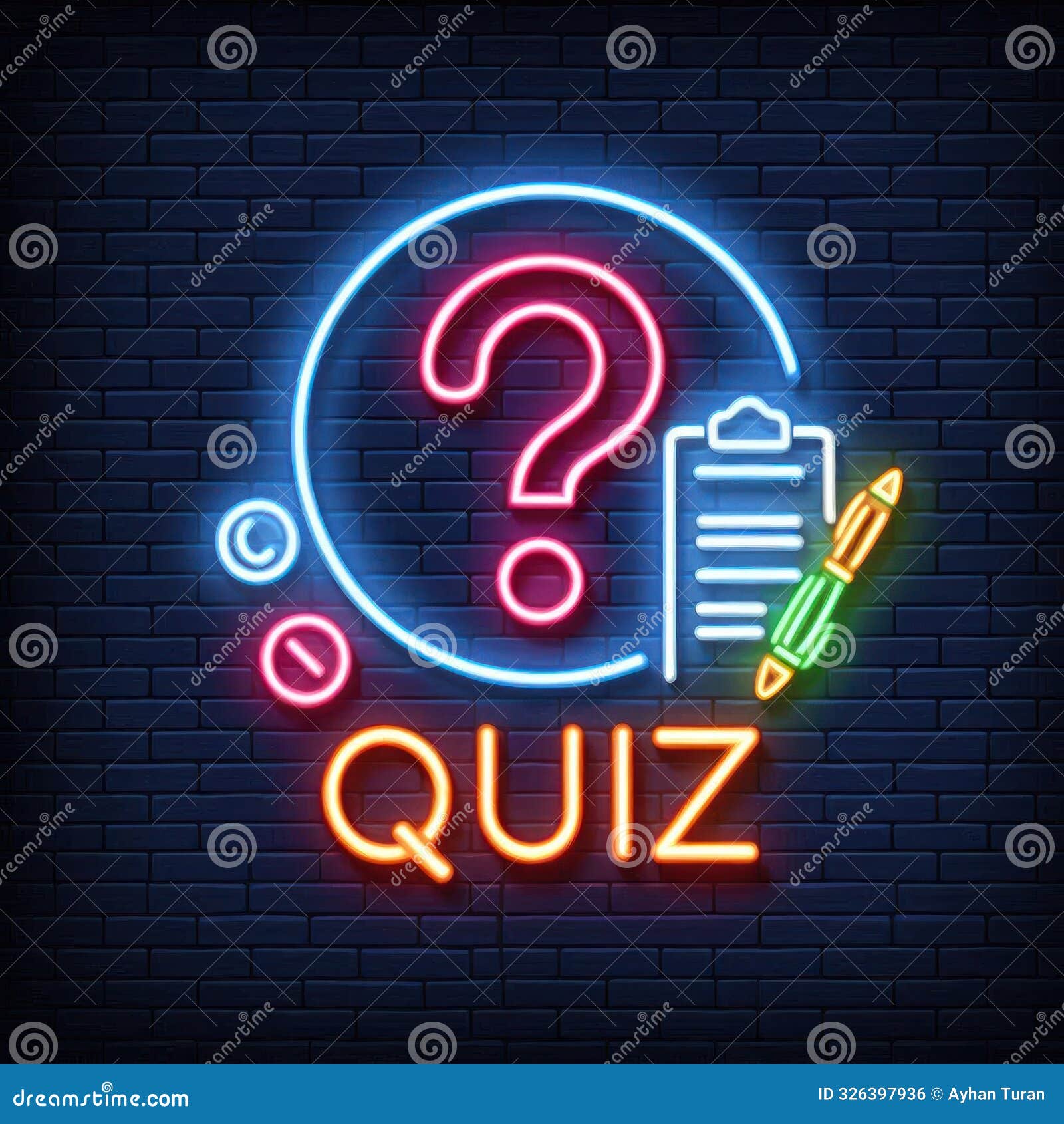 Neon Sign Board , Birck Wall and Question Mark Abstract Background ...