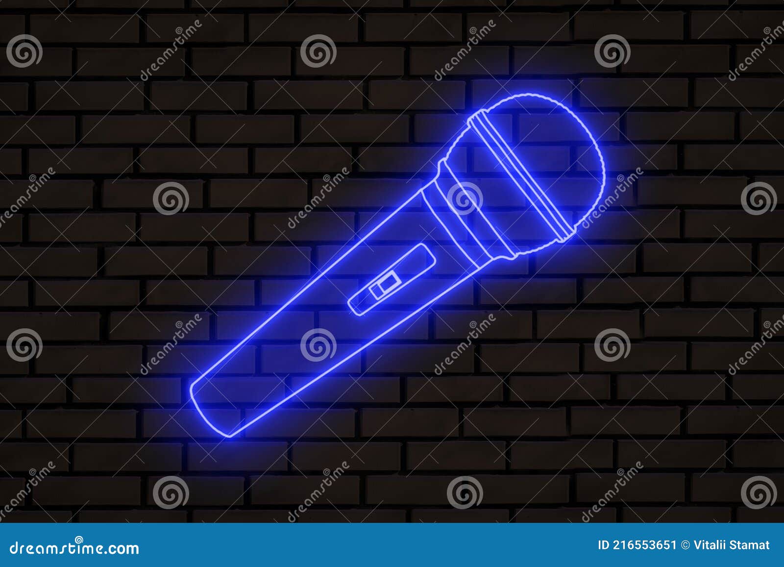 Neon Sign. Glowing Blue Microphone on a Red Brick Wall Stock Image ...