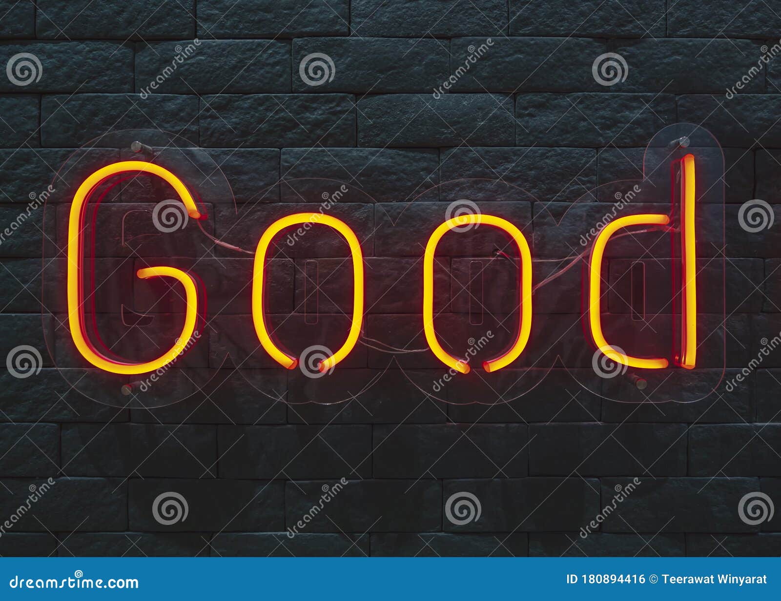 Neon Sign Good Type on Black Brick Wall Texture Stock Photo - Image of ...