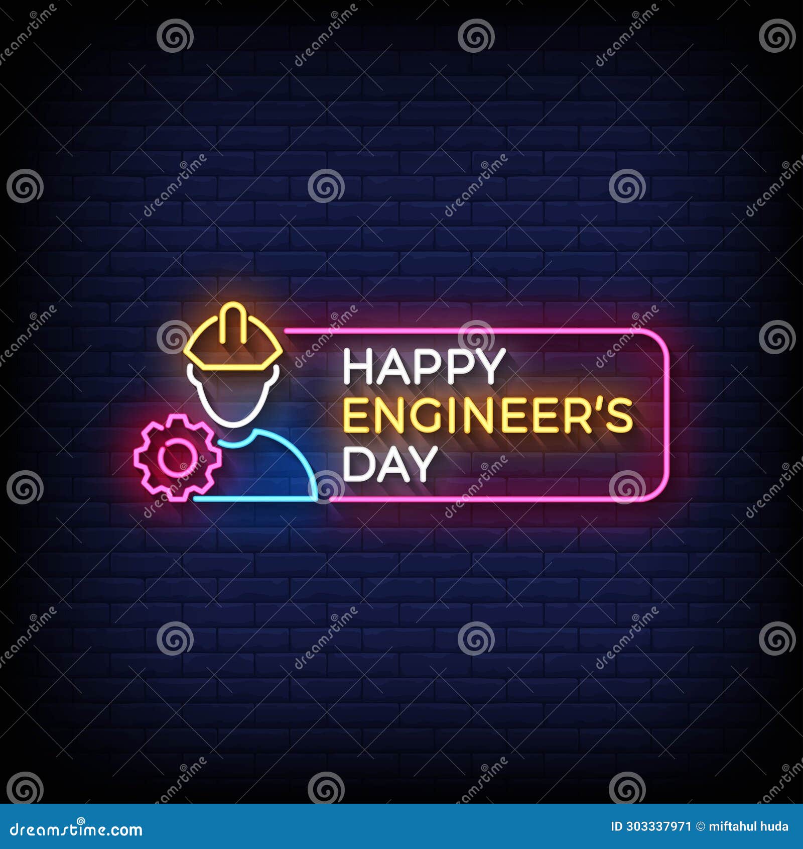 Neon Sign Happy Engineer Day with Brick Wall Background Vector Stock ...