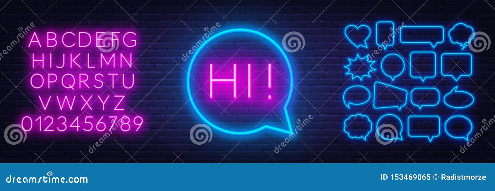Neon Sign Hi. Set of Neon Speech Bubbles and the Alphabet on a Dark ...