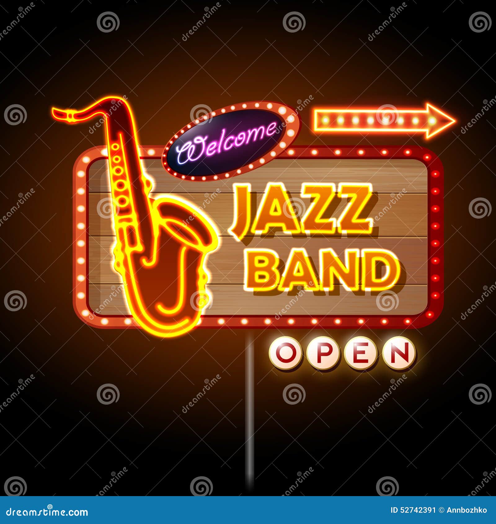 Neon sign Jazz band stock vector. Illustration of background - 52742391