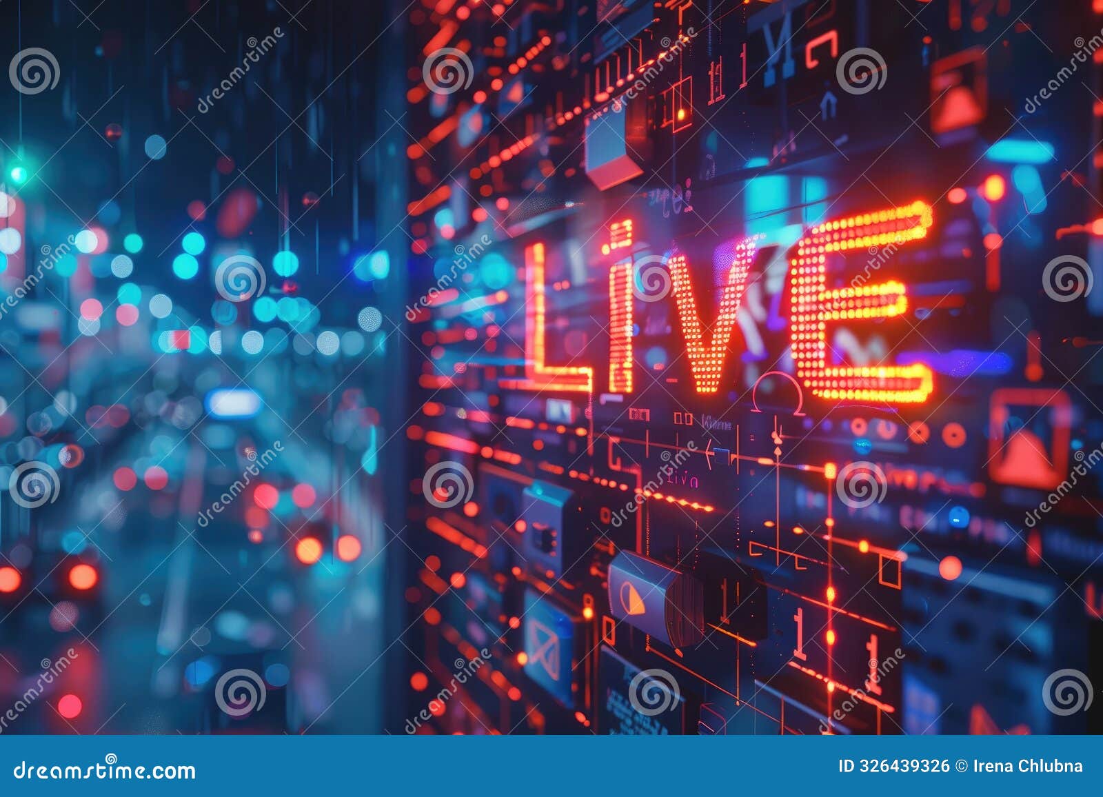 Neon Sign of Live with Tech and Media Icons in Backdrop Stock ...