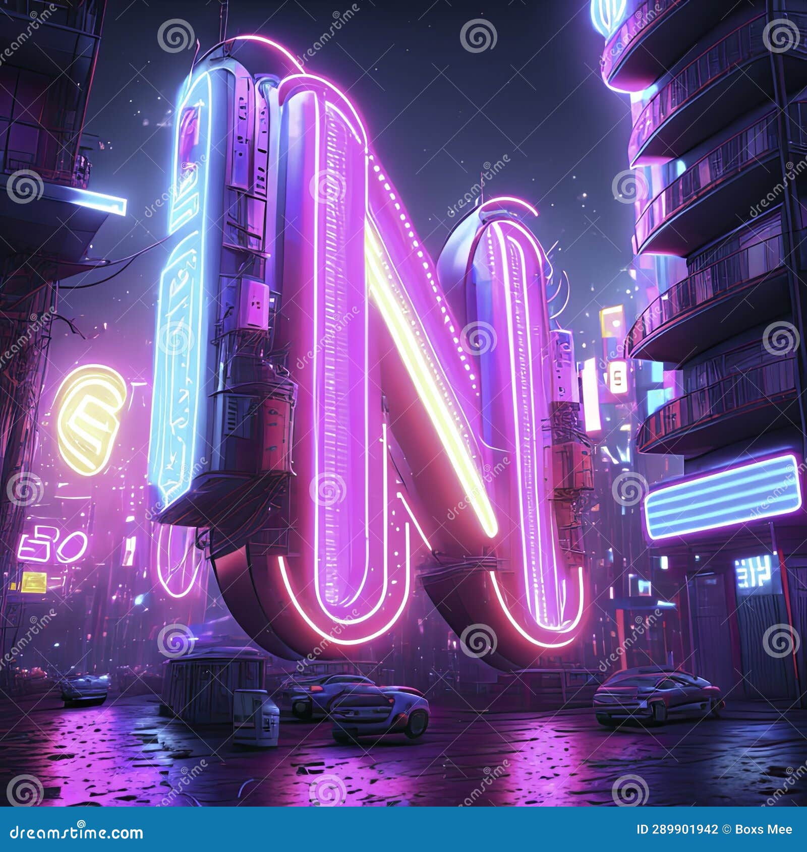 Neon Sign in the Night City. 3d Render Illustration Stock Photo - Image ...