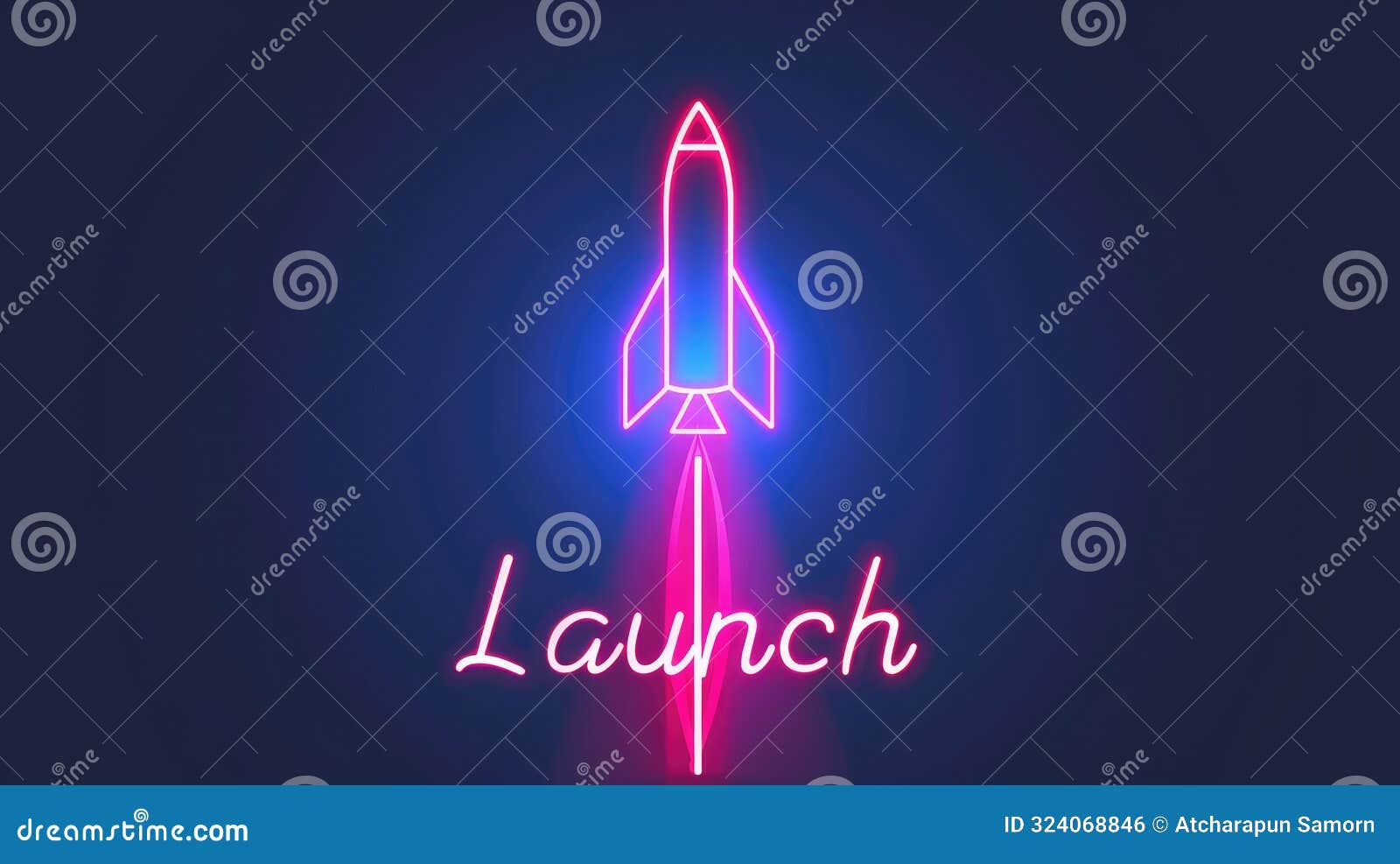 A Neon Sign of a Rocket Launching with the Word Launch Below it Stock ...