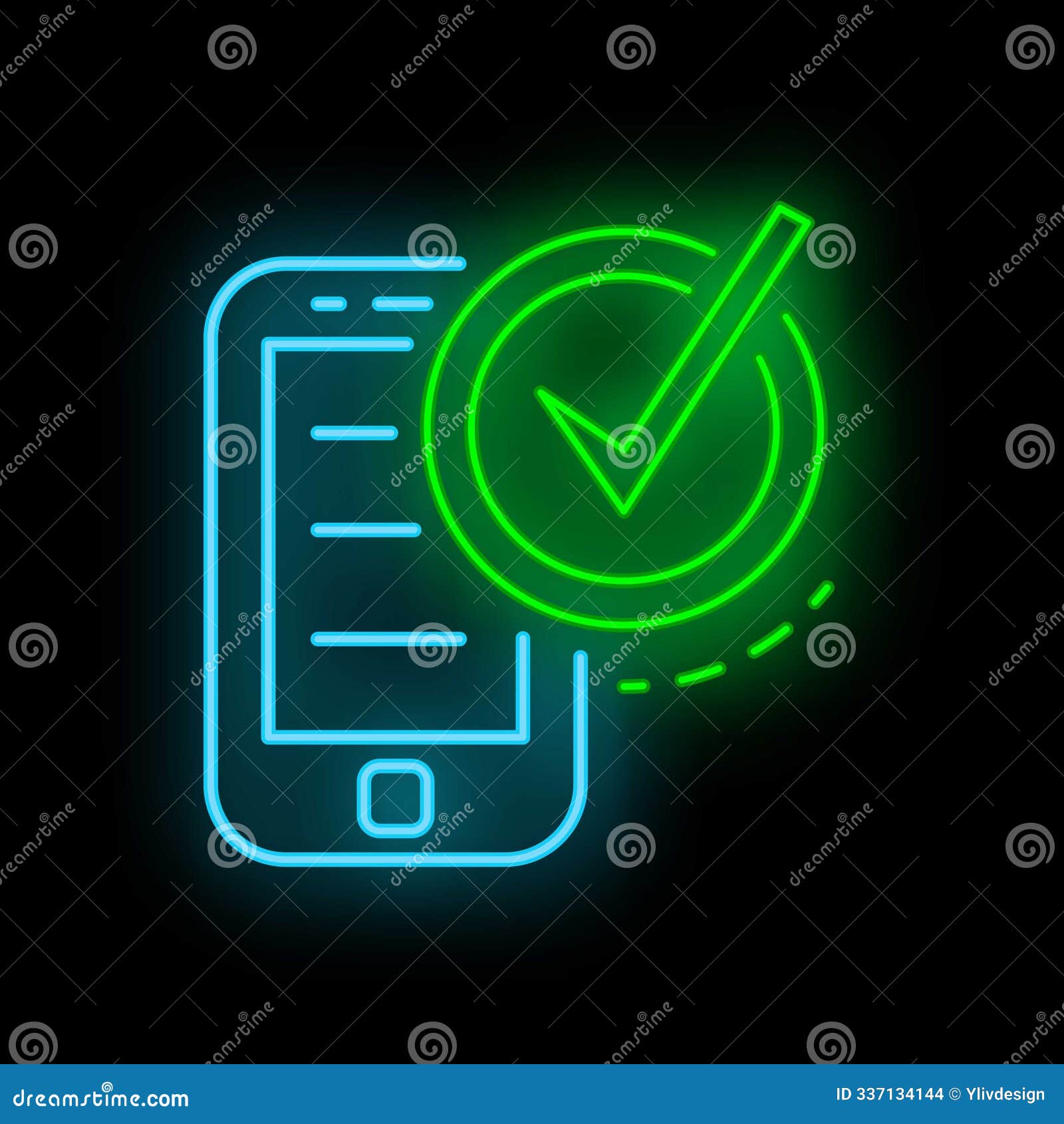 Neon Sign Showing Mobile Phone Validating Data with Check Mark Symbol ...