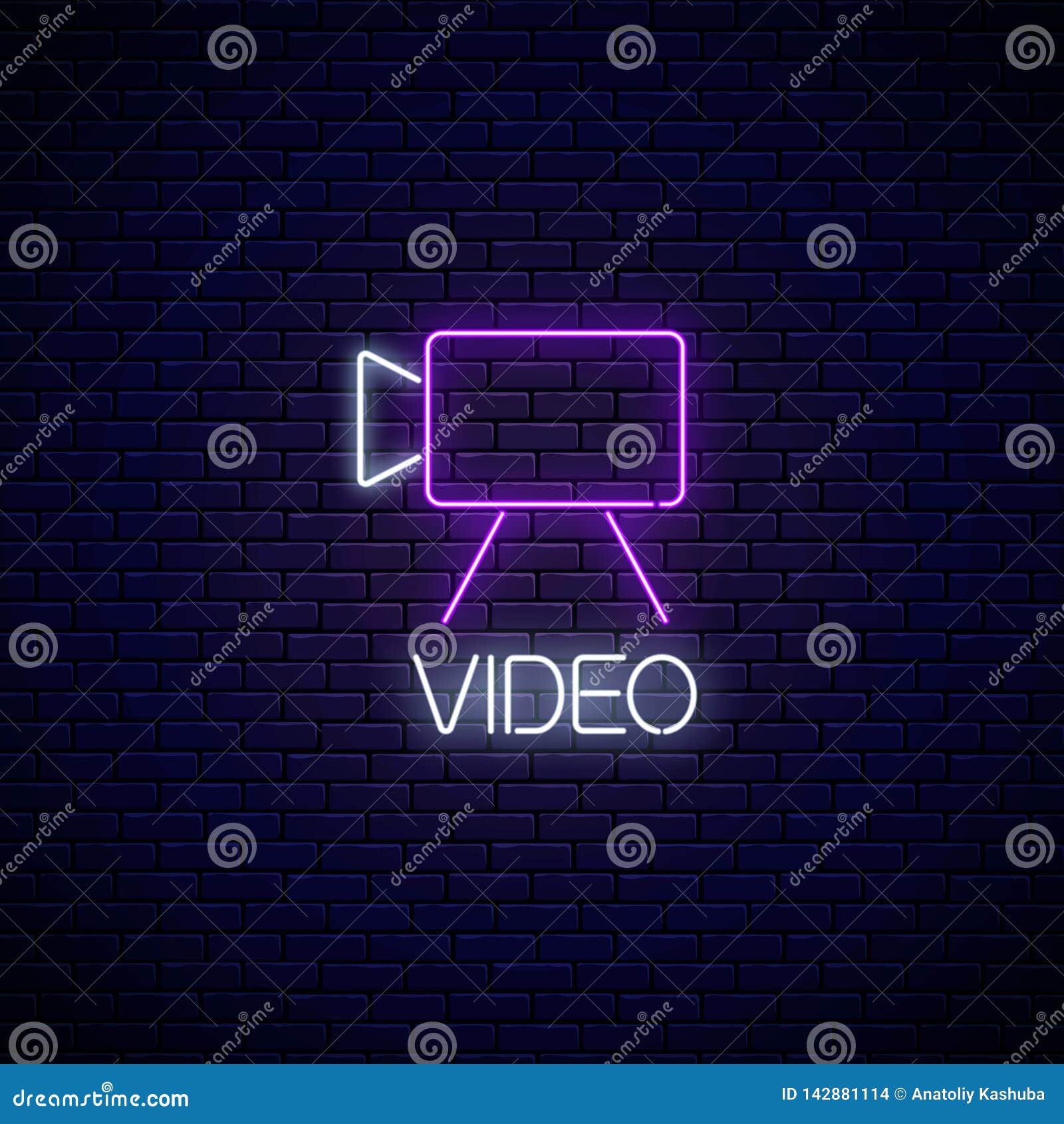 Neon Sign of Video Camera Symbol with Text on Dark Brick Wall ...