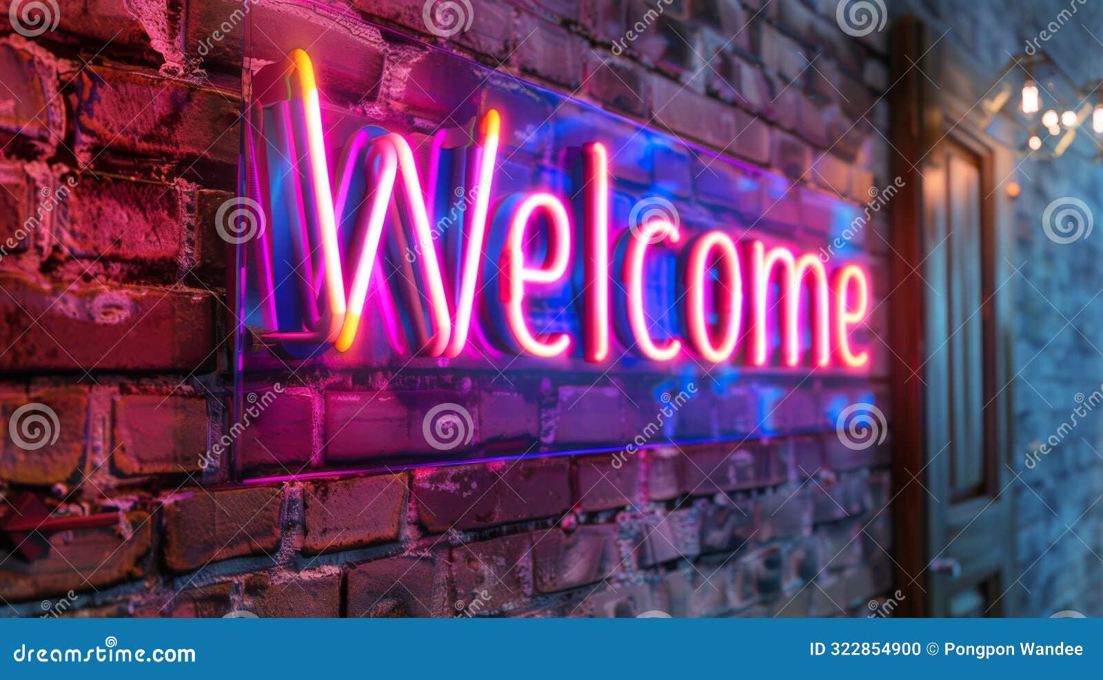 A Neon Sign Welcome in a Cursive Font on a Brick Wall Stock ...