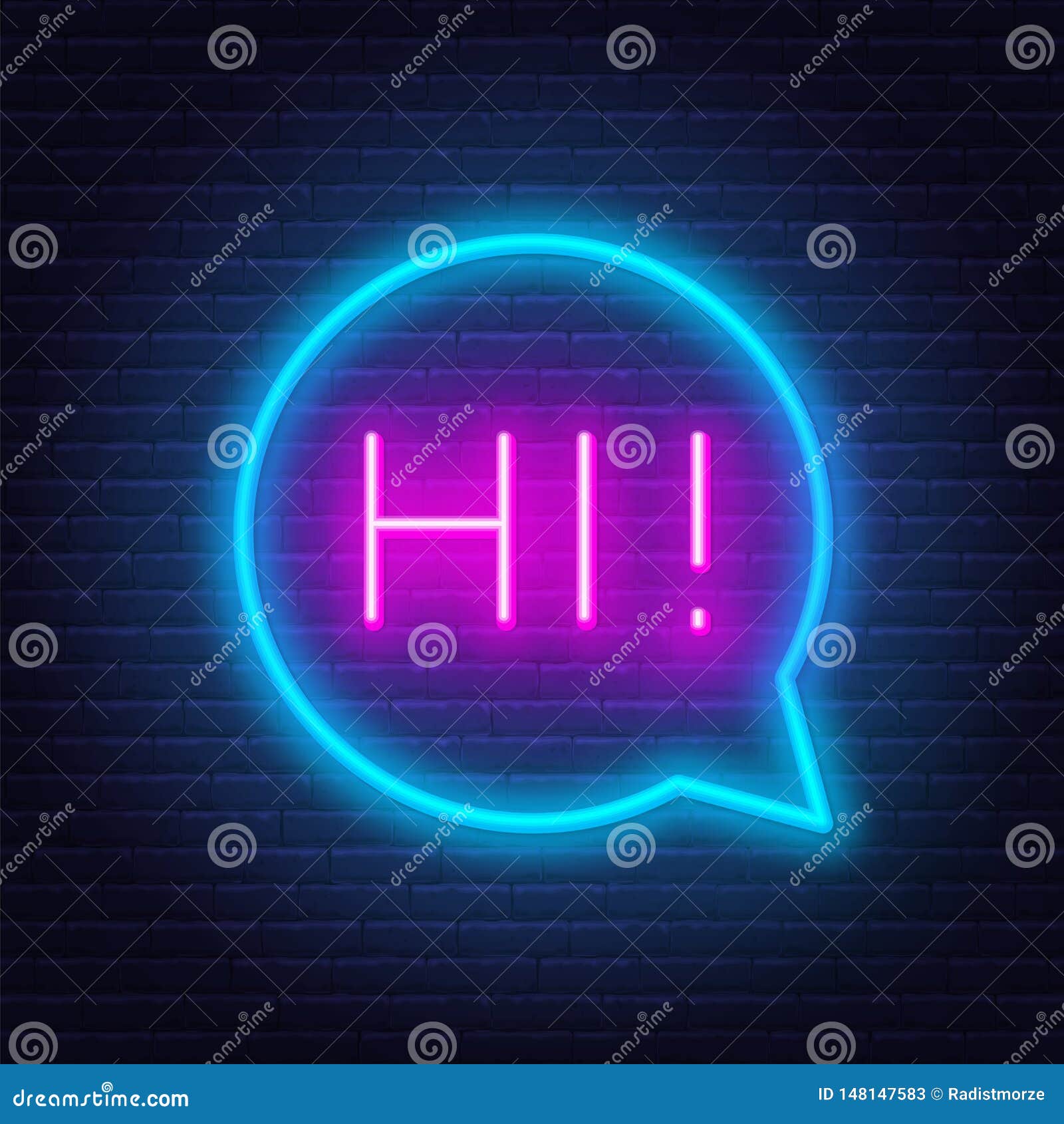 Neon Sign of Word Hi in Speech Bubble Frame on Dark Background. Stock ...