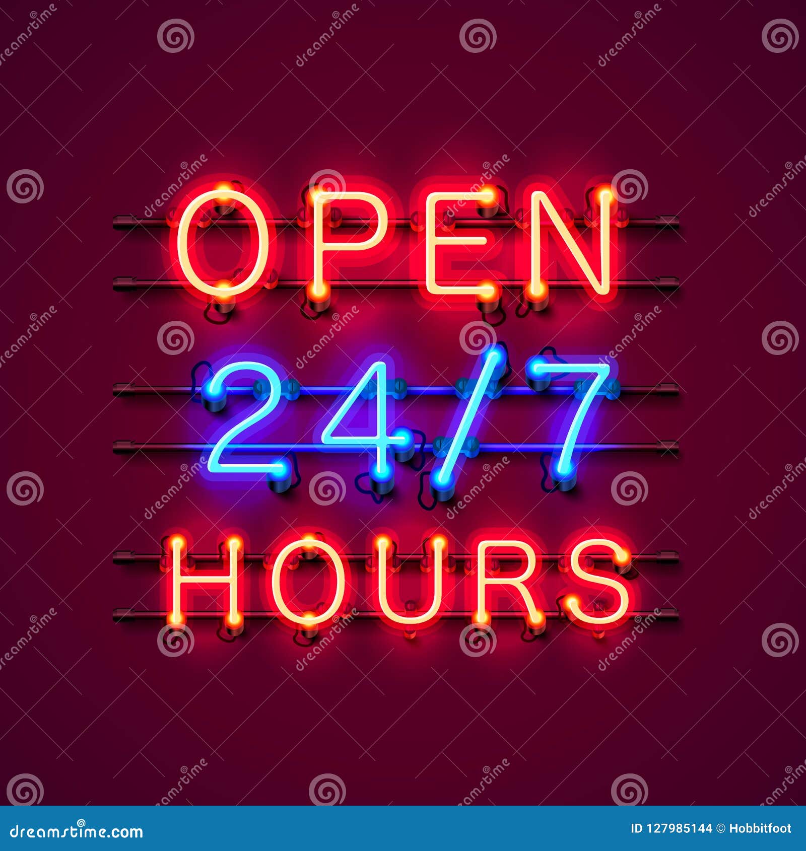 Neon Signboard 24 7 Open Hours. Stock Vector - Illustration of number ...