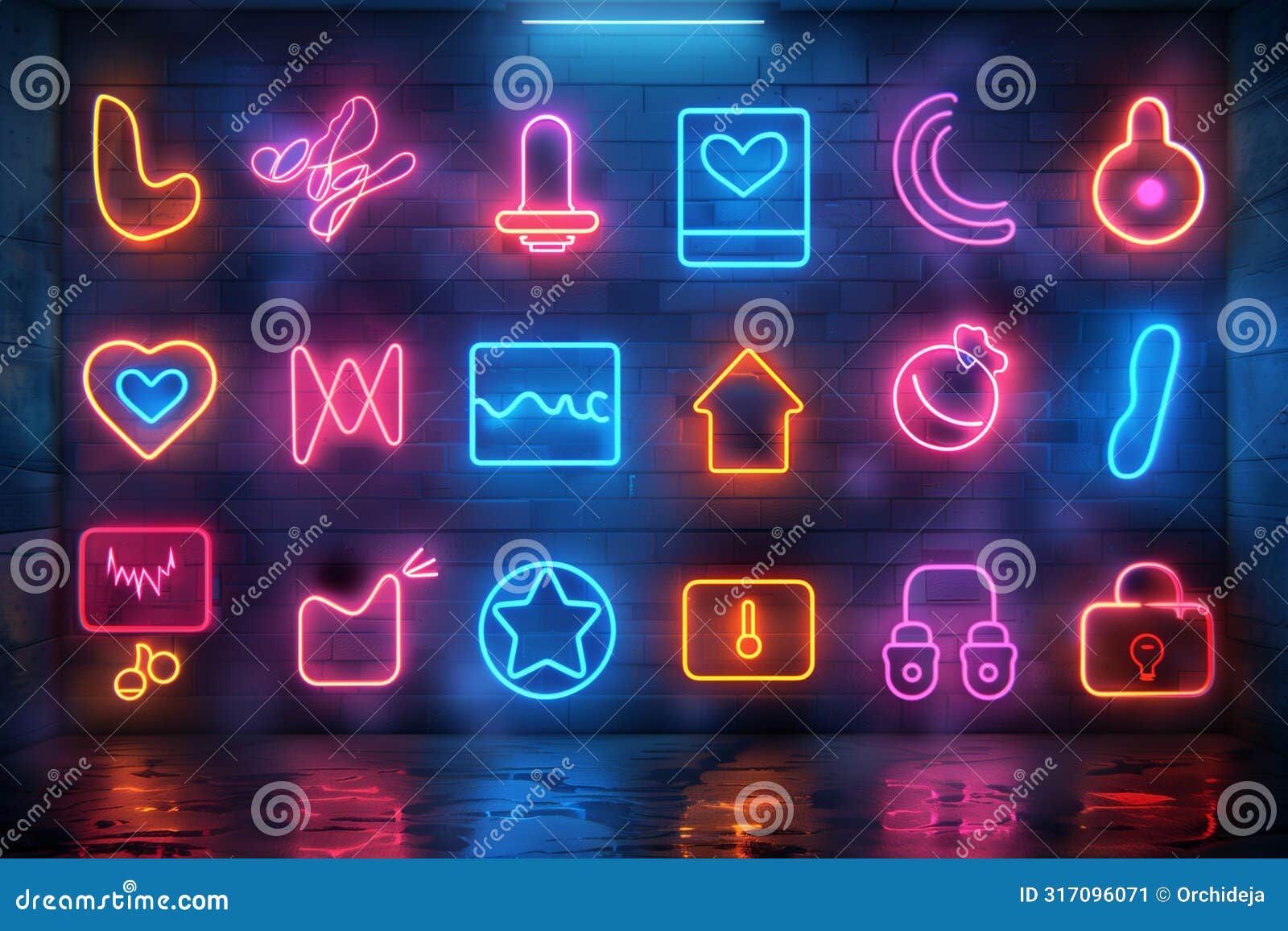 Neon Signs Brightly Displayed on a Rustic Brick Wall Stock Image ...