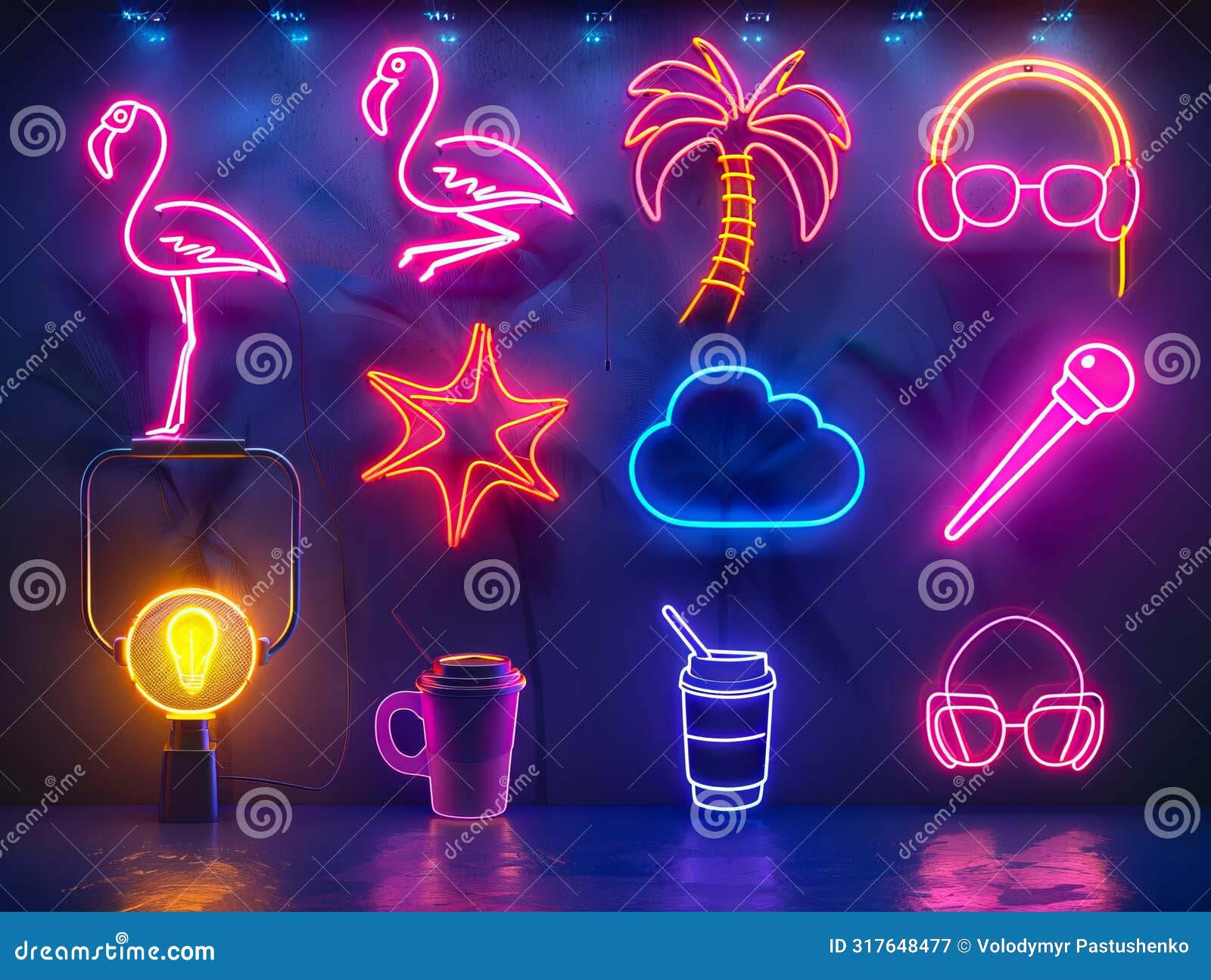 Neon Signs with Flamingos, Palm Trees and Other Objects Stock Image ...