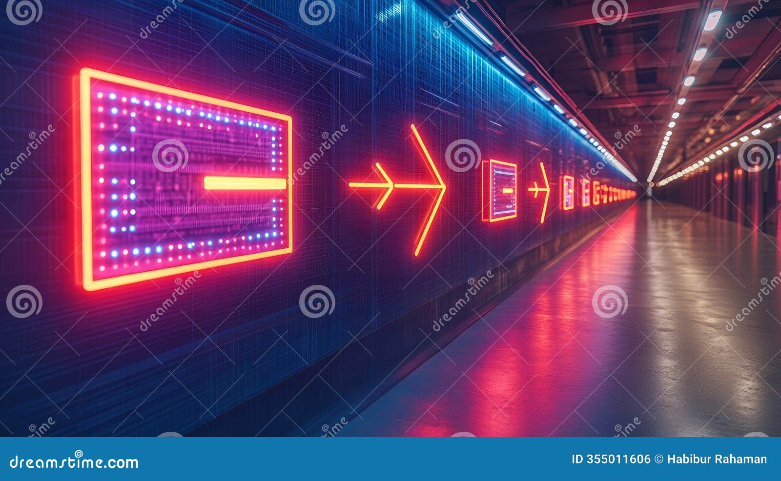 Neon Signs Illuminate a Futuristic Corridor Stock Illustration ...