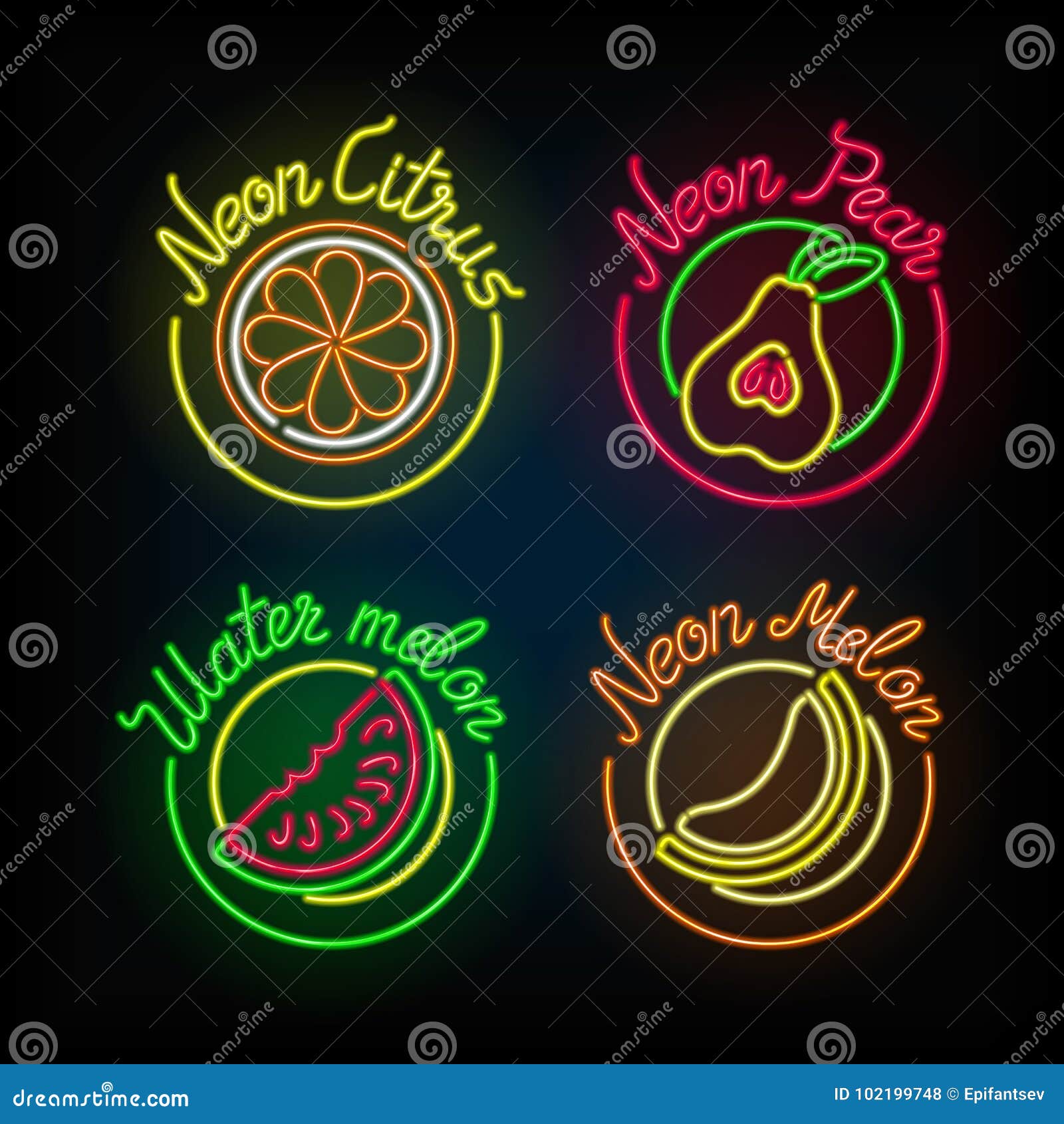 Neon Signs. the Set of Different Light Sign with Fruit. Stock Vector ...
