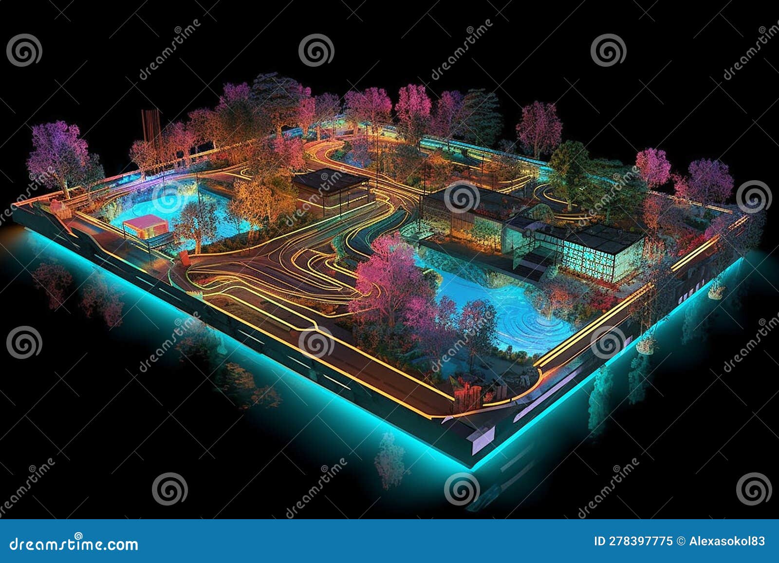 Neon Skatepark Foundation of Botanical Led-strips Cutaway-plan 3d Stock ...